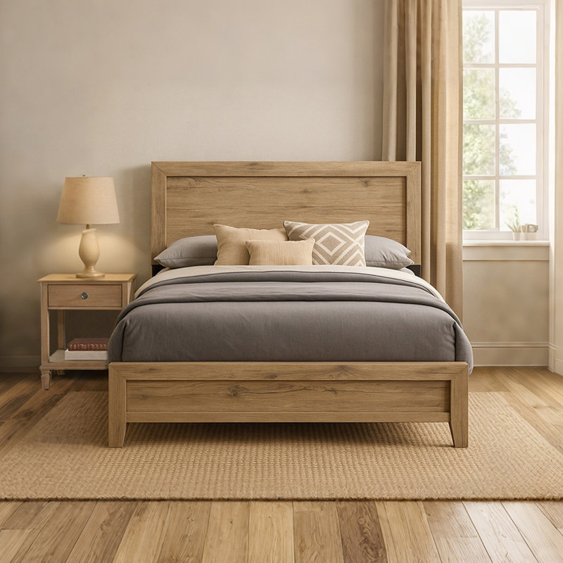 Gracie Oaks Clean-Line Panel Bed in Warm Natural Finish, Requires Box ...