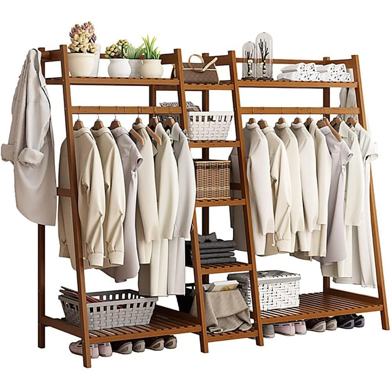 Rebrilliant Bamboo Deluxe Clothing Shelf with Hanging Rods and Storage ...