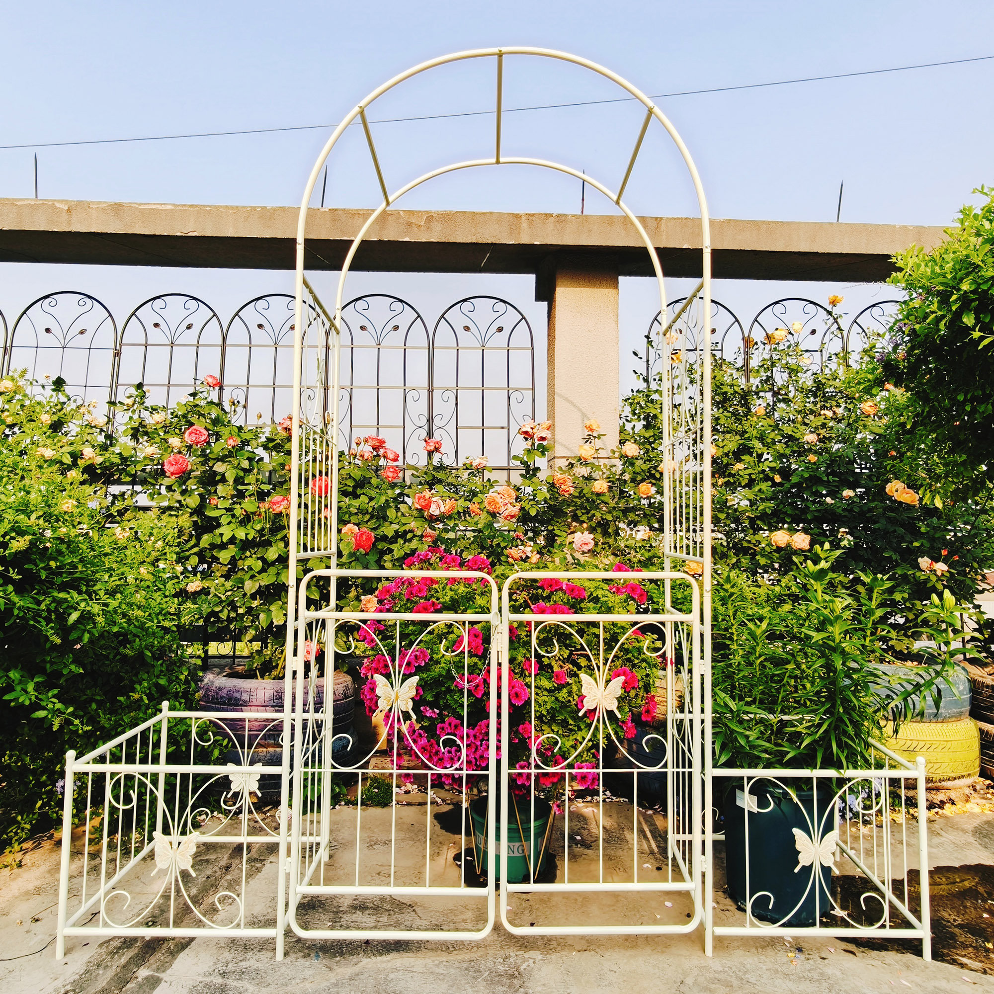 Lark Manor Romantic Metal Archway with Double Gates & Planter Stands ...