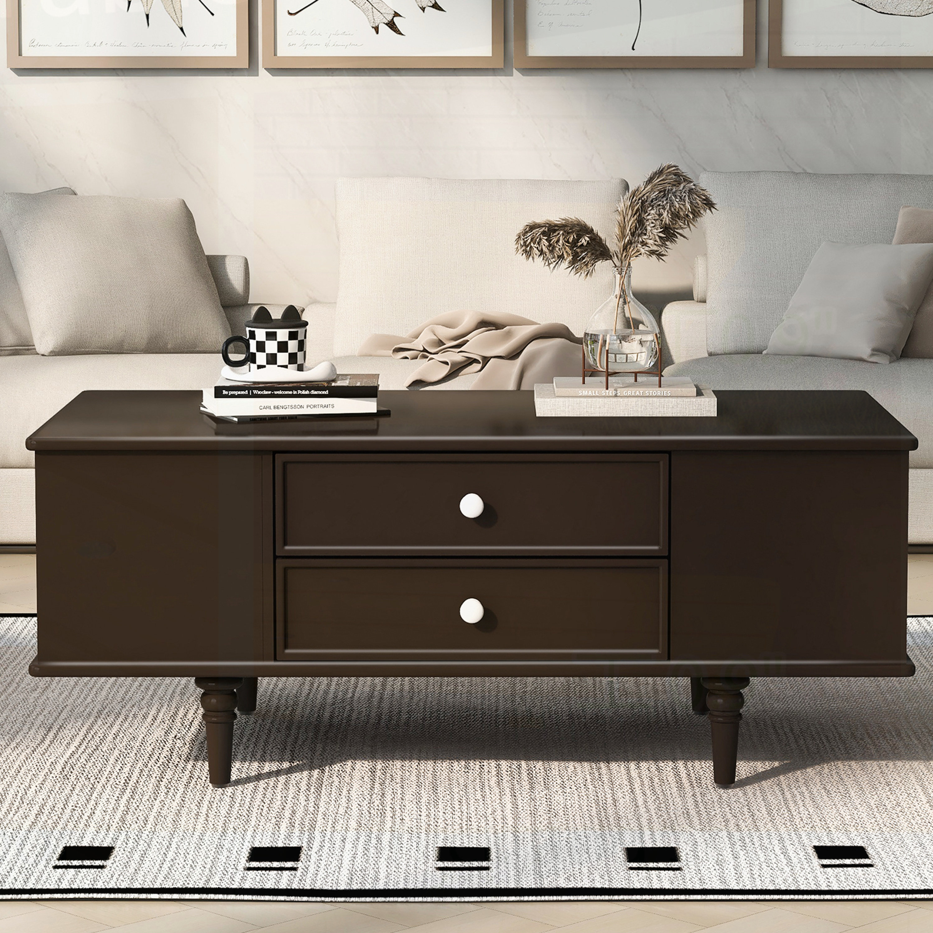 Alcott Hill® Modern Rectangle Coffee Table with Four Drawers, Two Side ...