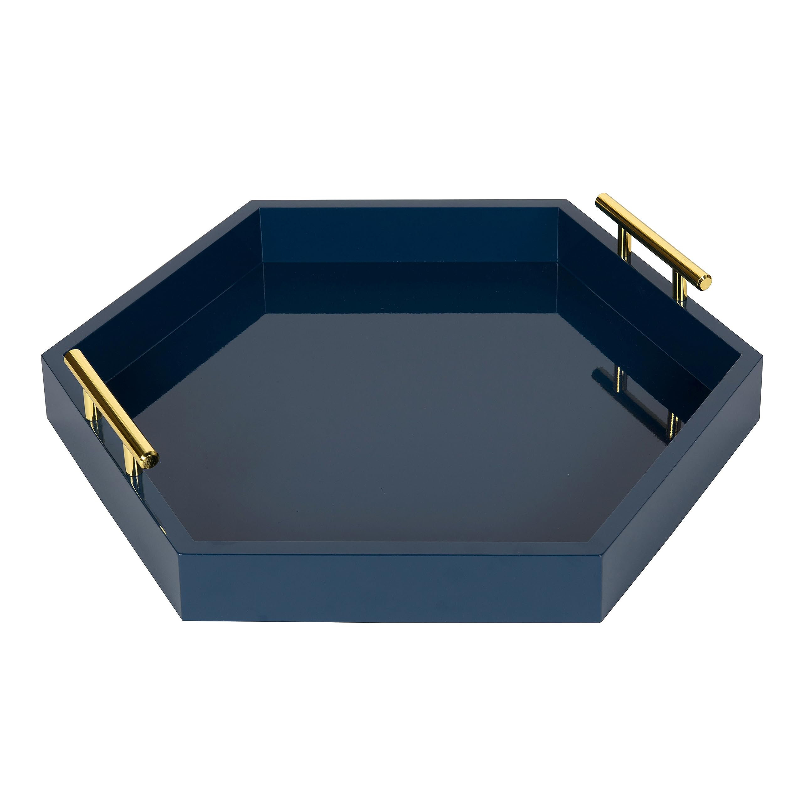 OUMIKEJI Hexagon Decorative Tray With Polished Metal Handles, Navy Blue ...