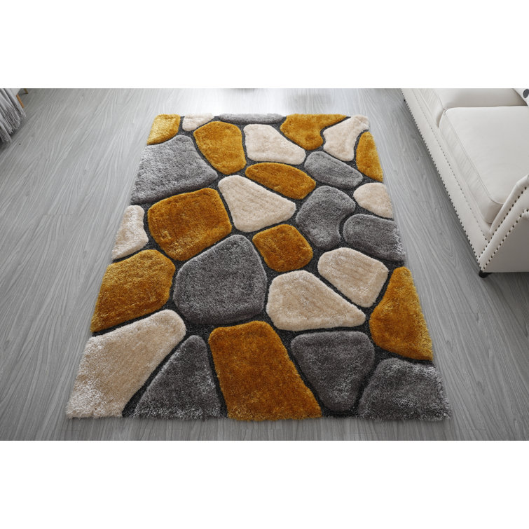 Orren Ellis Thionville Abstract Shag Mustard/Gray/Beige Area Rug ...