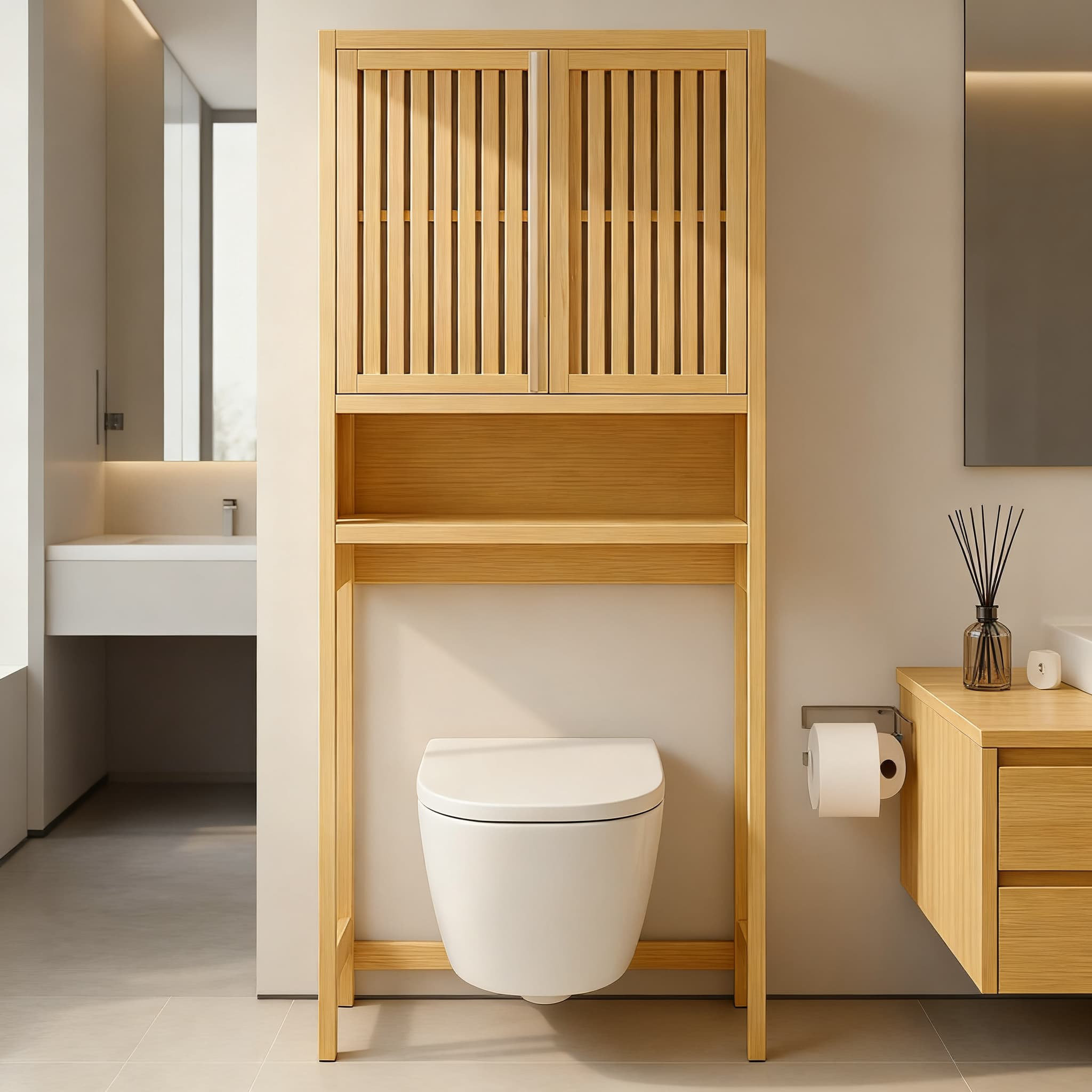 Hokku Designs Natural Bamboo Over Toilet Storage Cabinet With Slat ...