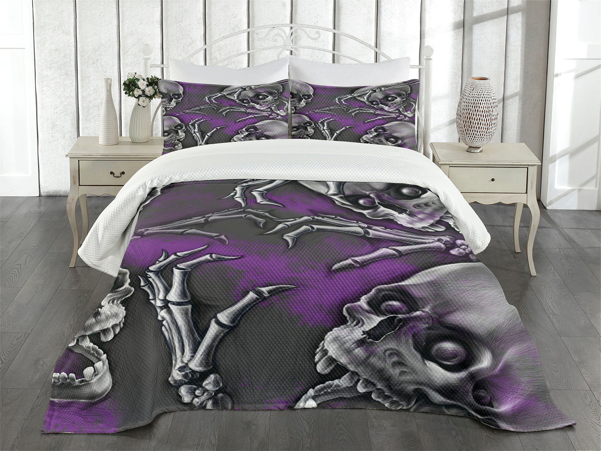 Ambesonne Skull Bedspread Set Spooky Smiling Skeleton Purple Grey and ...