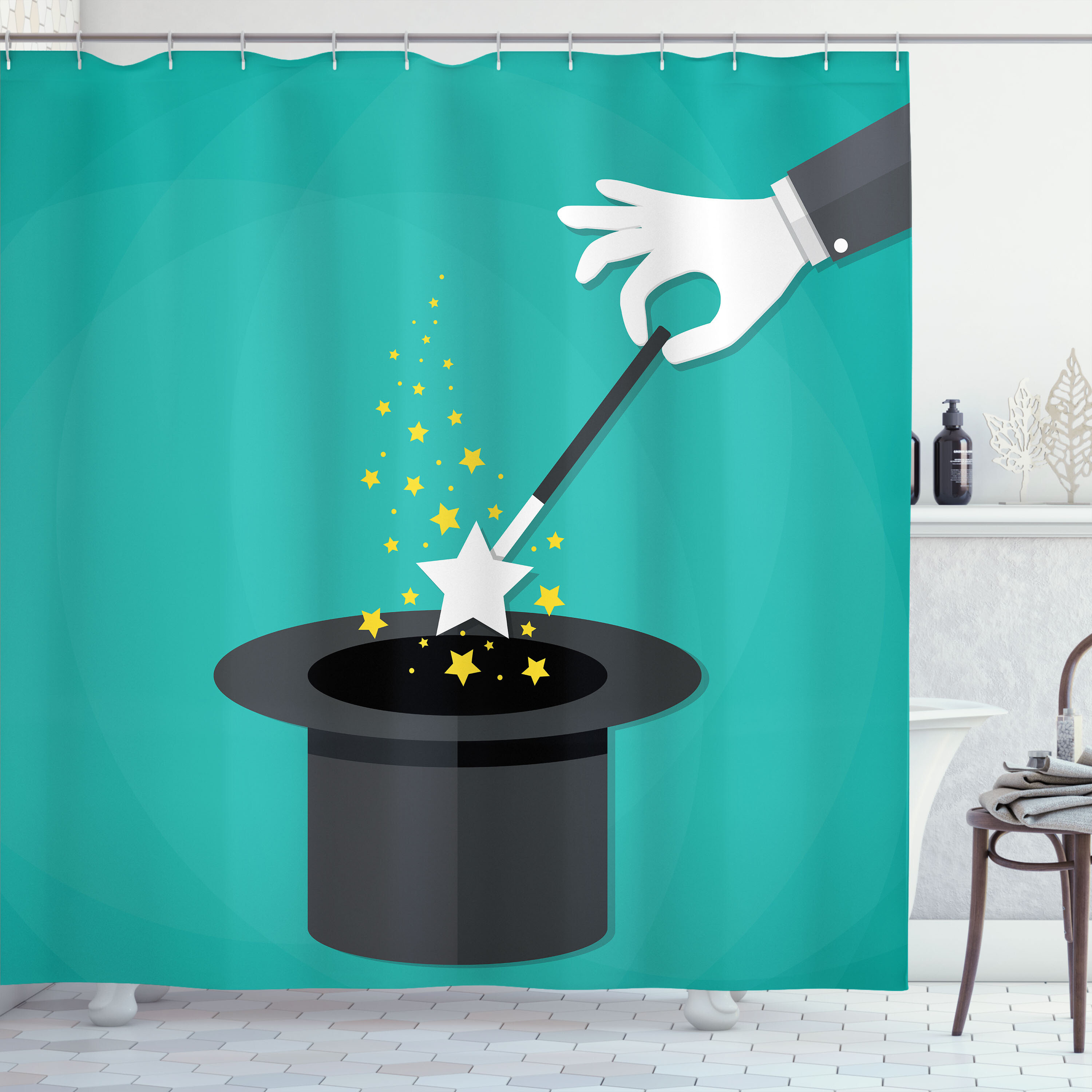 Ivy Bronx Wizard Shower Curtain Magician Spell Black Hat Turquoise ...