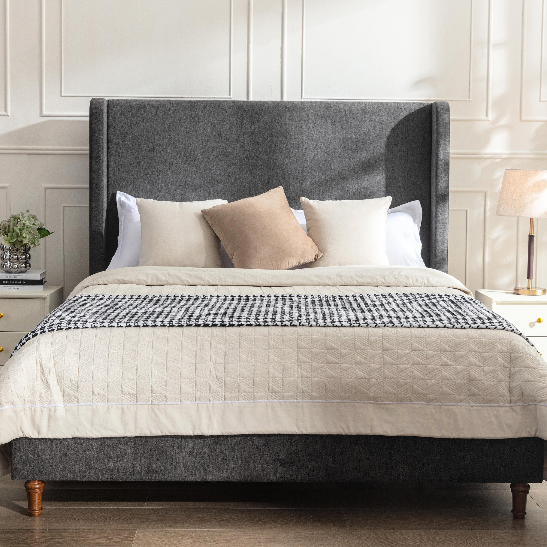 Mercer41 54" Headboard Queen Bed, Dark Grey Velvet Fabric, Metal ...