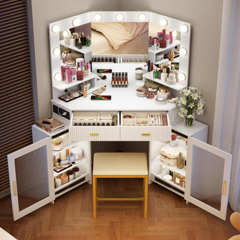 Everly Quinn Modern Corner Makeup Vanity Set with Mirror and Cabinets ...