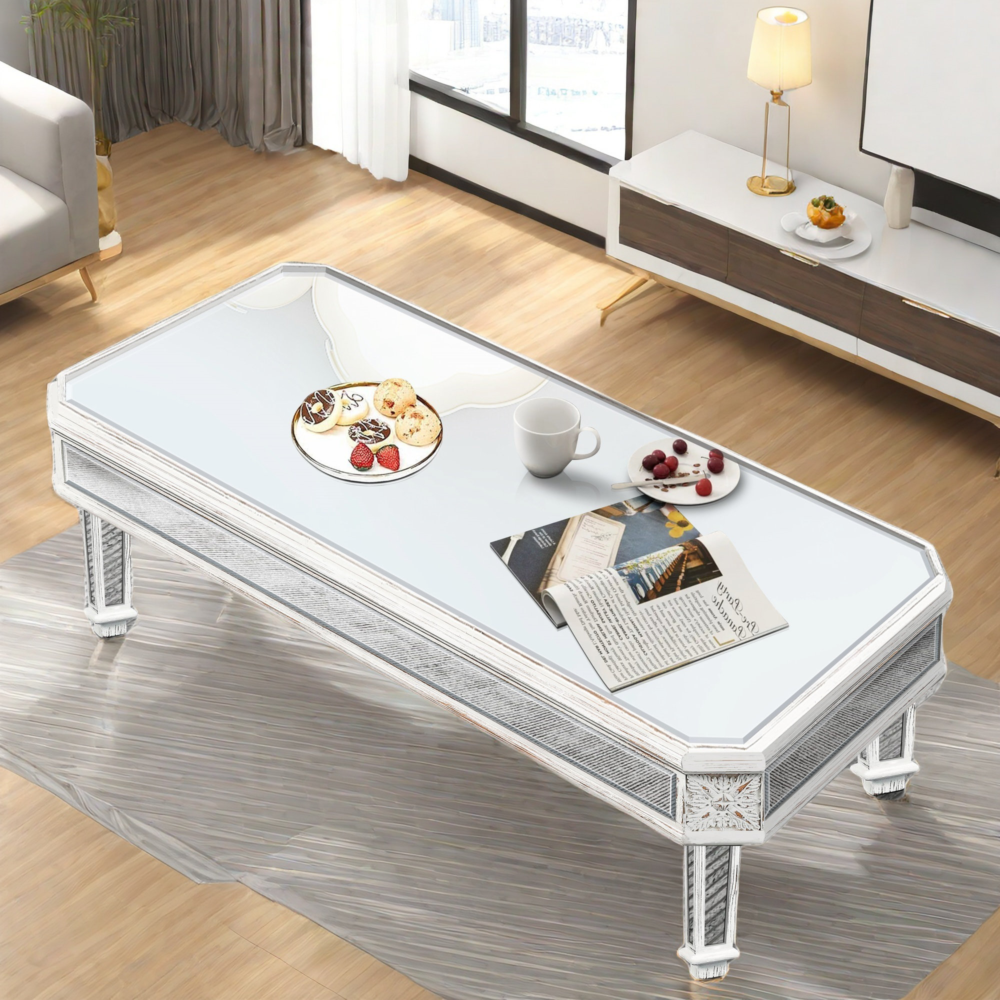 House of Hampton® Silver Mirrored Coffee Table With Vintage Carved ...