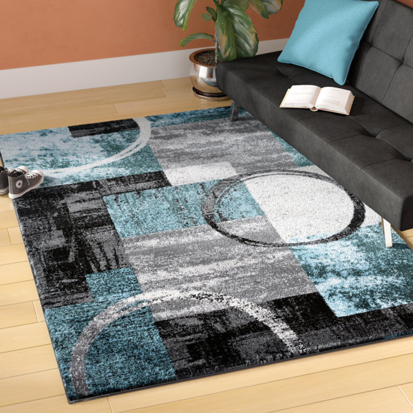 Wrought Studio Fanton Abstract Machine Woven Gray/Black/Blue Area Rug ...