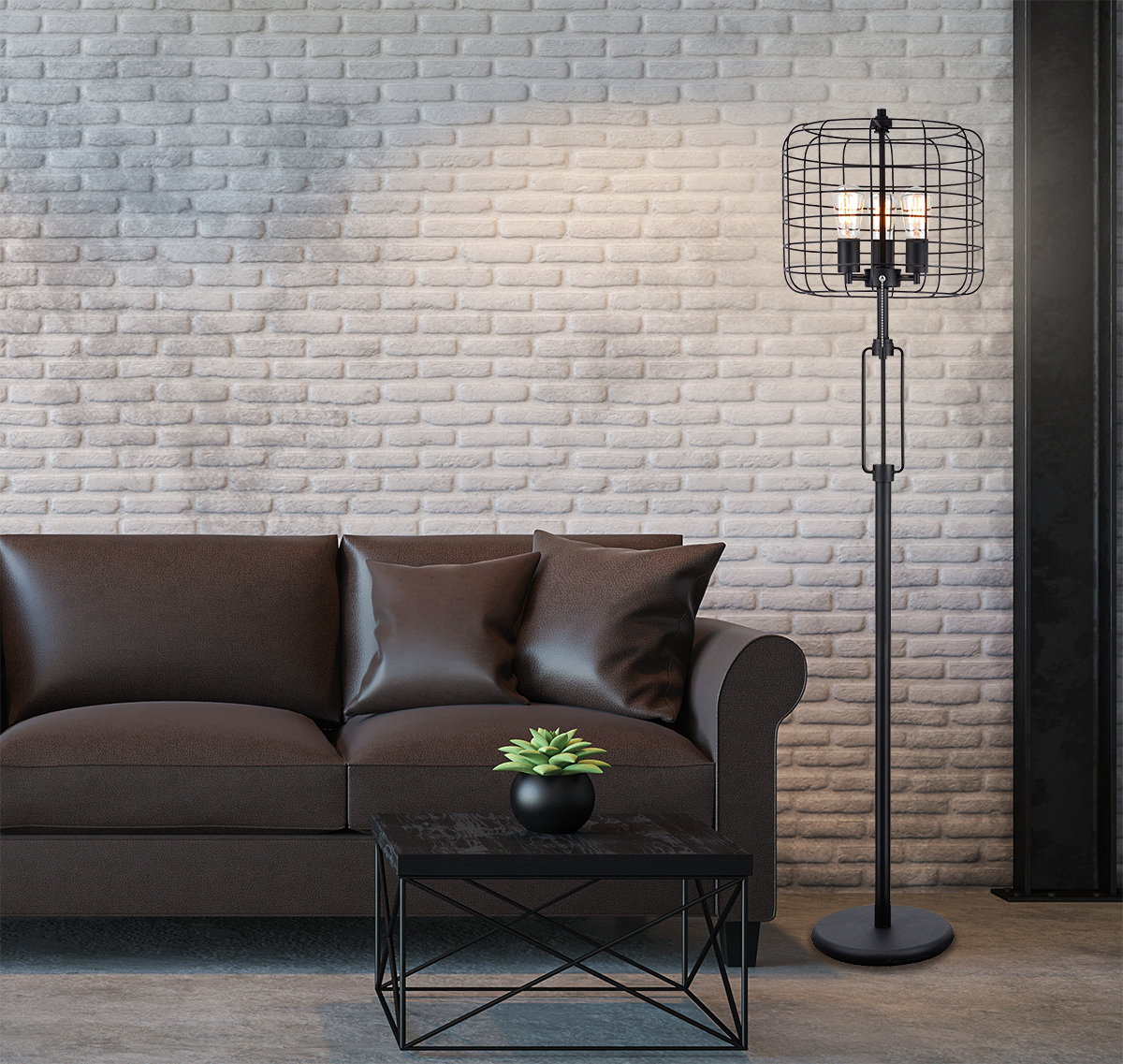 Williston Forge 65"H Black Industrial Wire Cage Floor Lamp W/ Edison ...