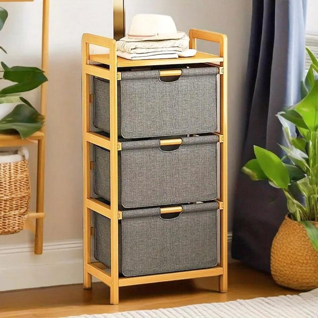Ebern Designs 3 Fabric Drawer Bins Bamboo Storage Shelf with Removable ...