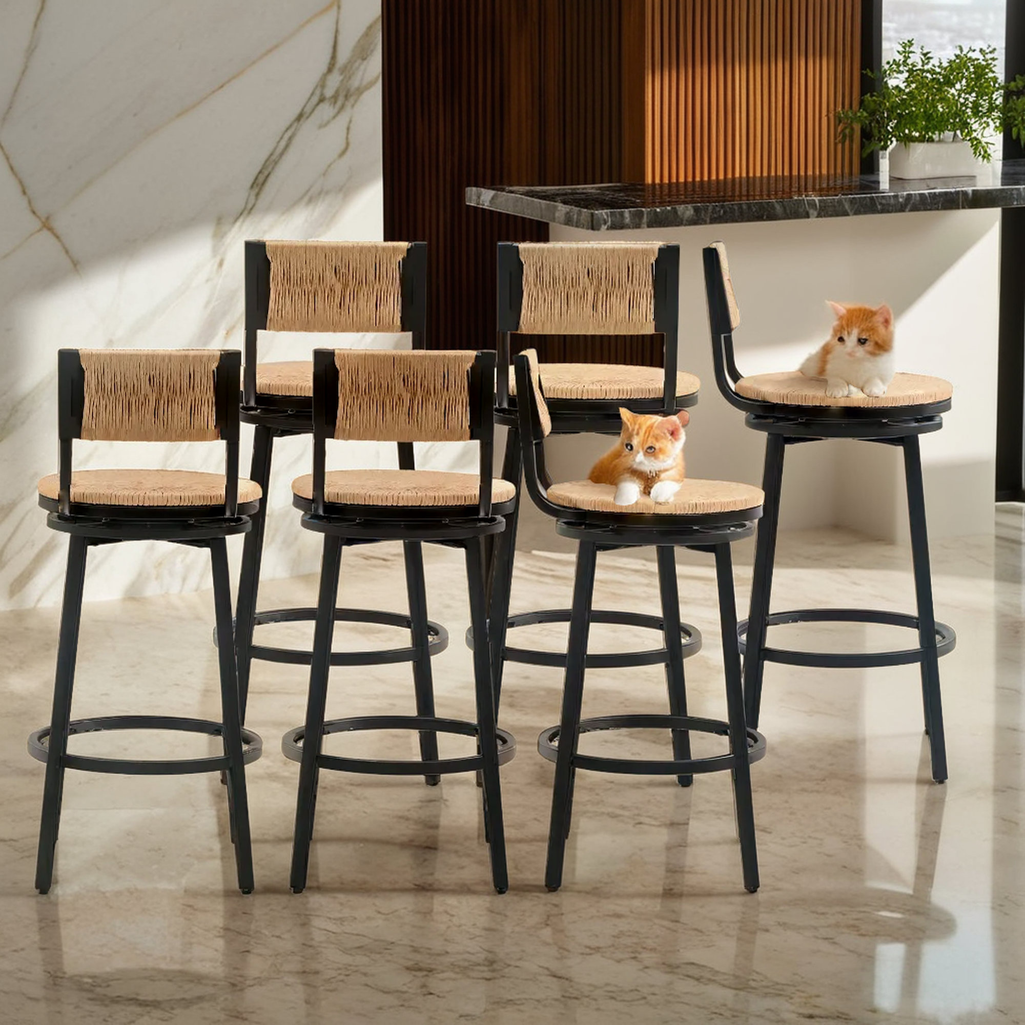 Hokku Designs Farmhouse Swivel Paper Rope Bar Stools with Metal Frame ...