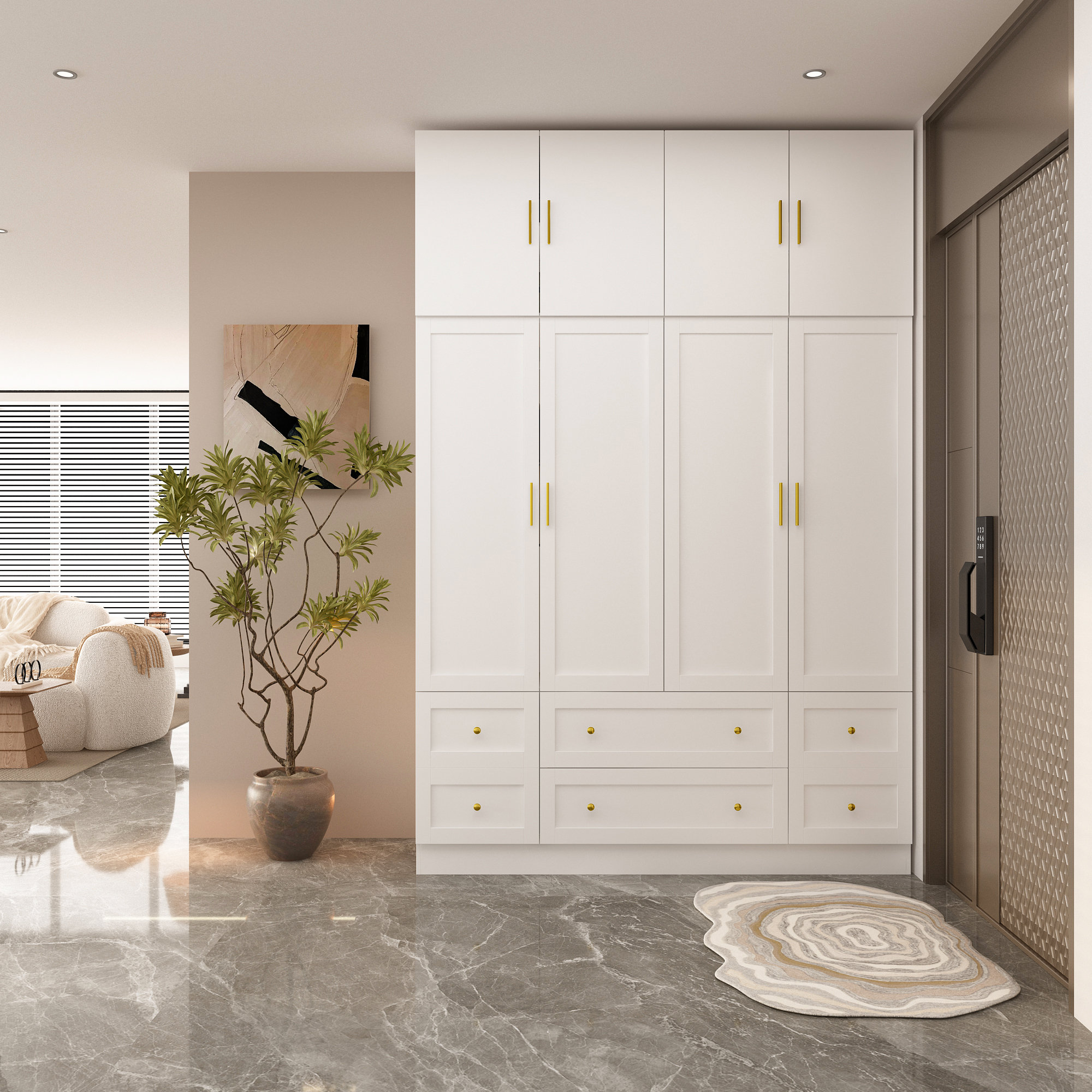 Red Barrel Studio® Modern White Wardrobe Closet With Top Cabinets And ...