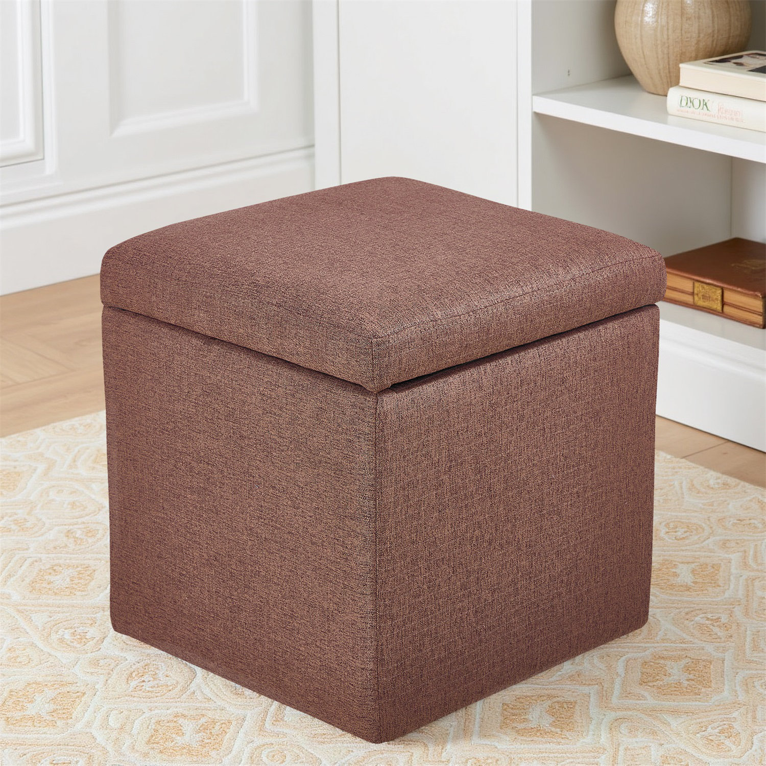 Ebern Designs Square Storage Ottoman With Cover Lid, Linen Fabric ...