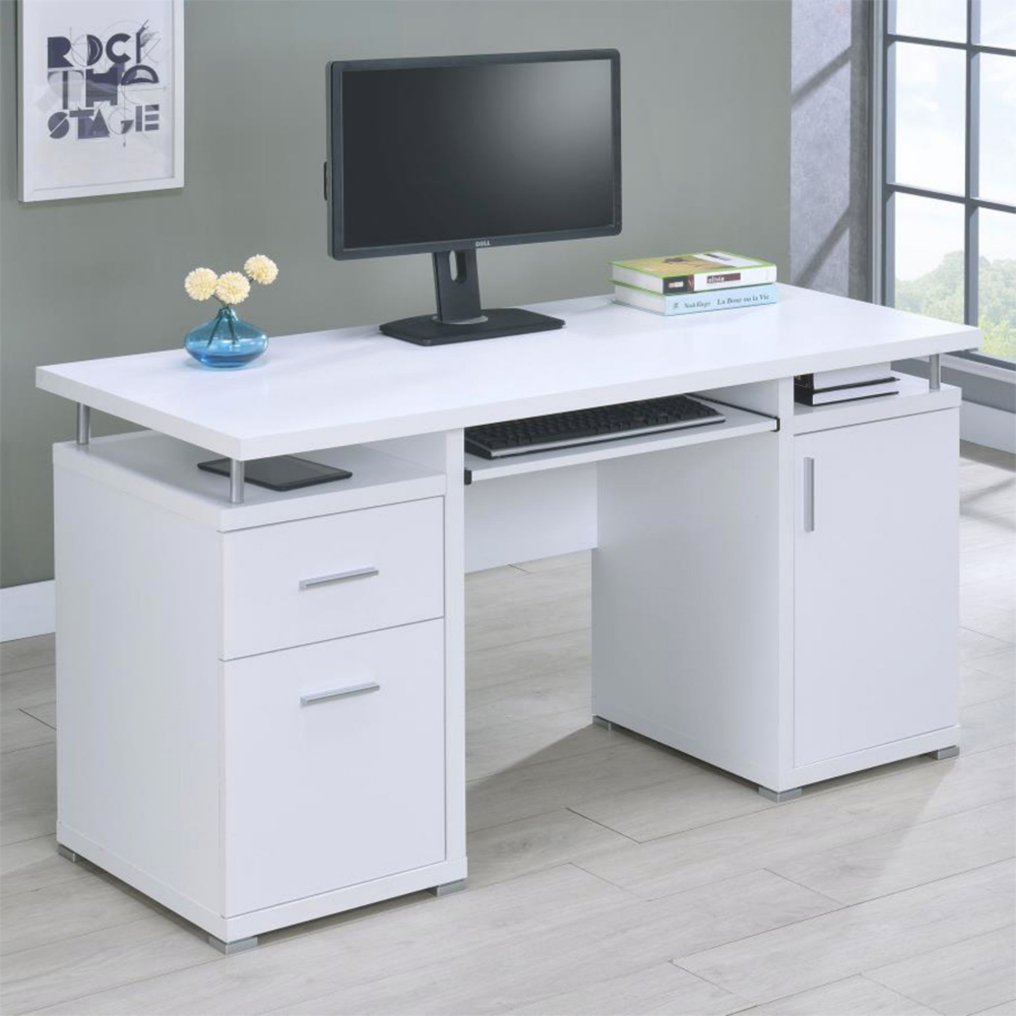 Ivy Bronx 55-Inch Office Computer Desk With2 Drawers In White | Wayfair