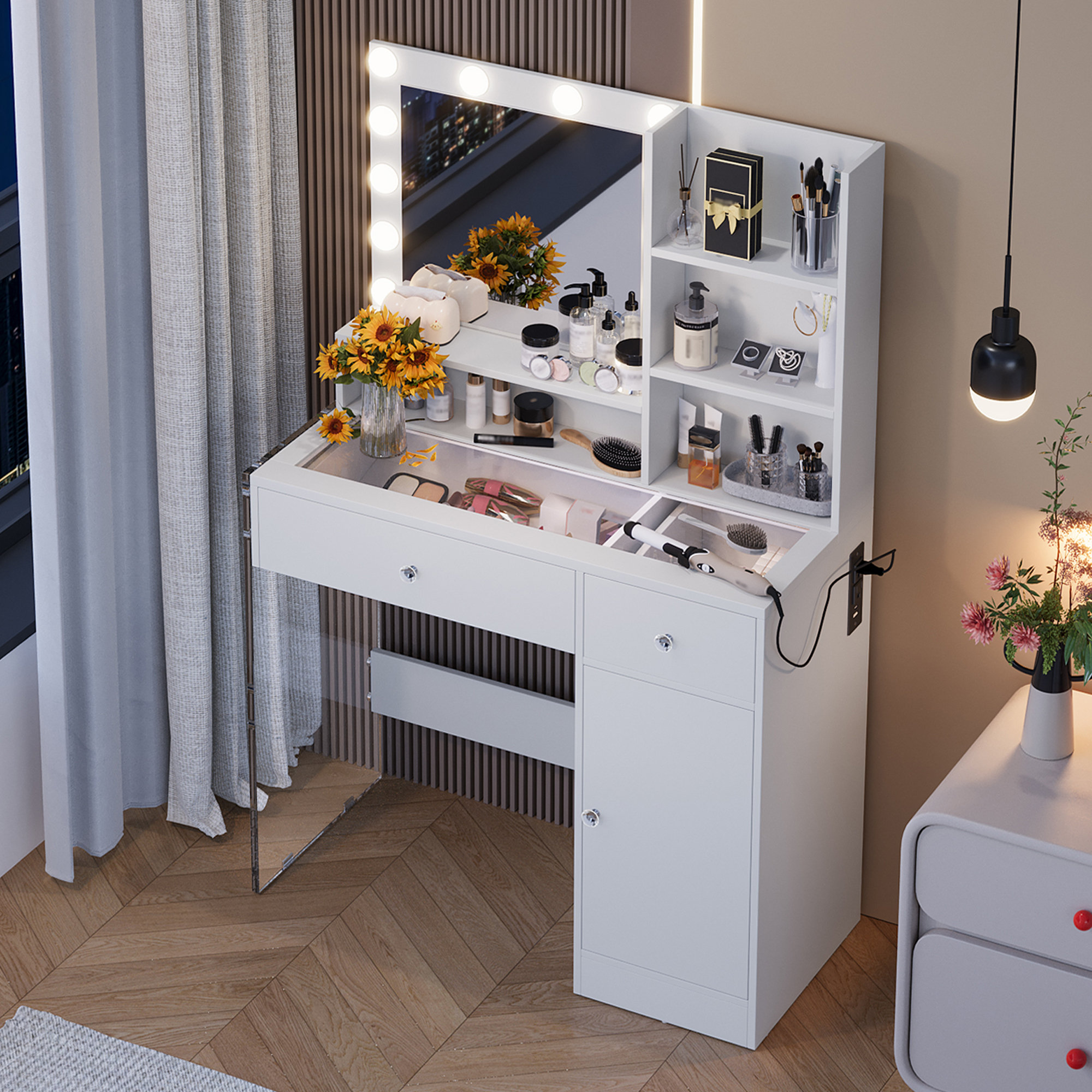 Latitude Run® Hollywood Lighting Vanity Desk With Tempered Glass Modern ...