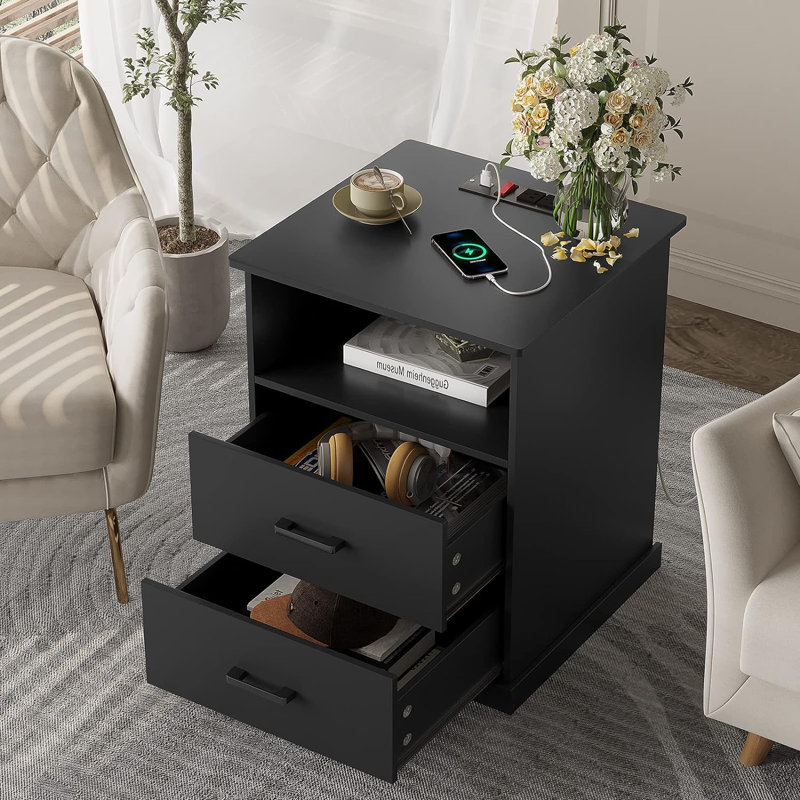 Ebern Designs Night Stand With Charging Station, Large Nightstand With ...