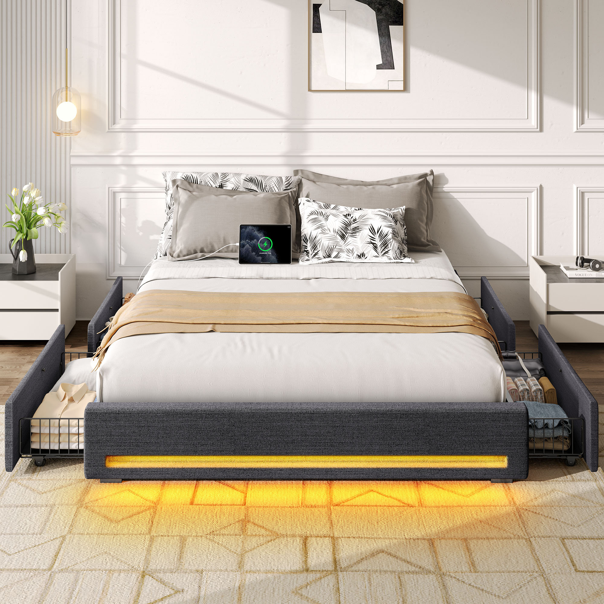 Wrought Studio™ Platform Bed Frame with 4 Storage Drawers, Upholstered ...