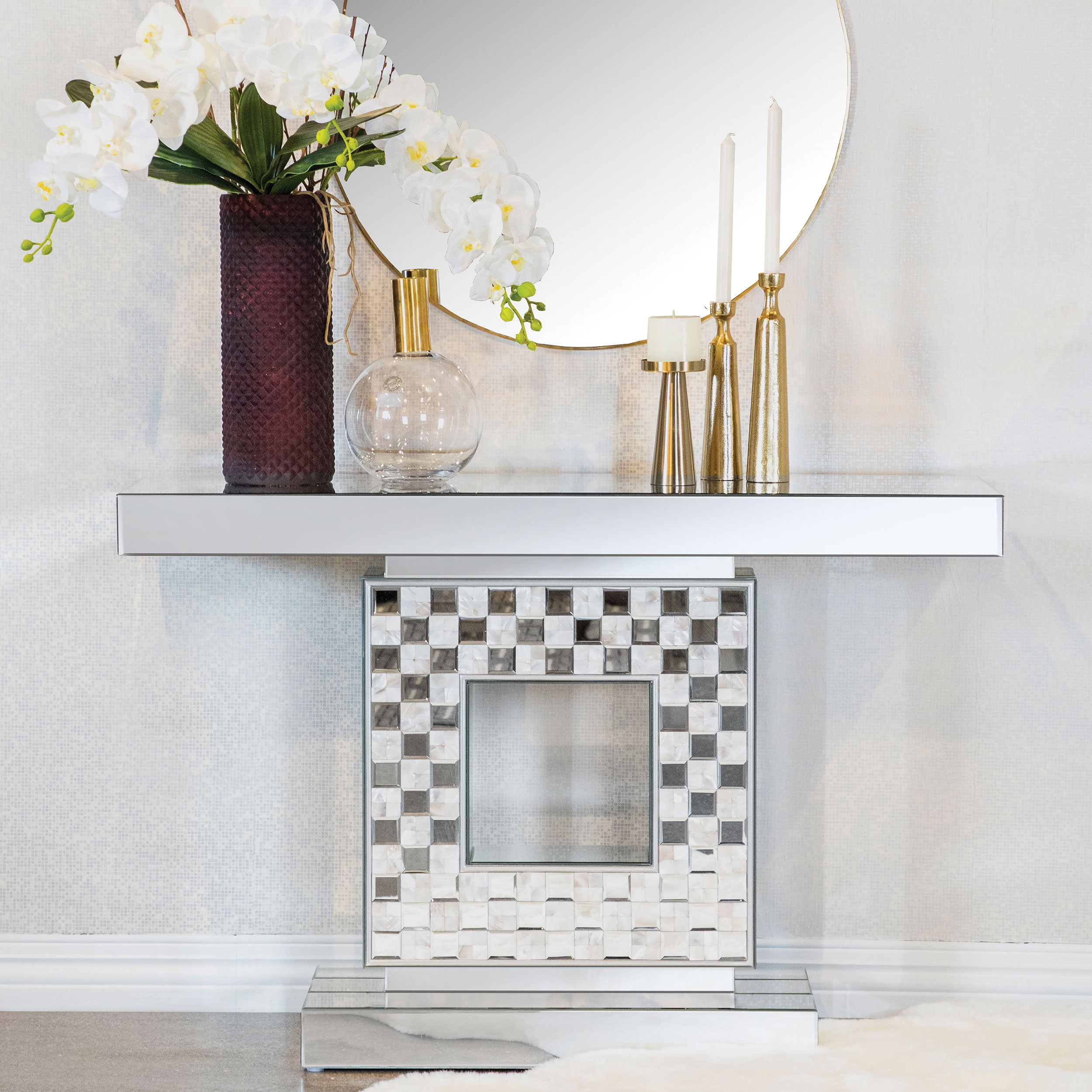 Everly Quinn Varnai Checkerboard Square Base Console Table Silver | Wayfair