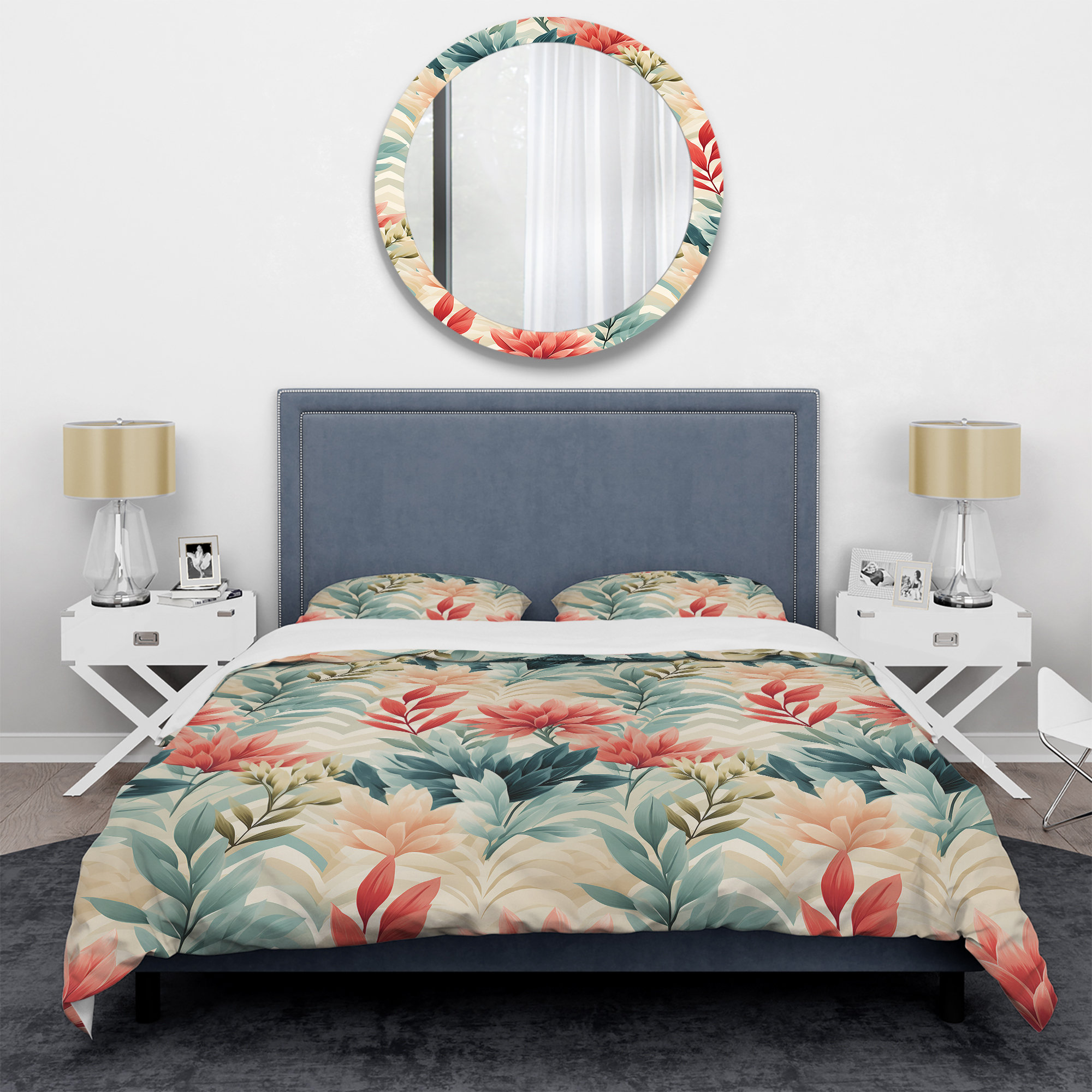 Design Art Coral & Blue Enchanted Gardens Chevron Pattern Duvet Cover ...
