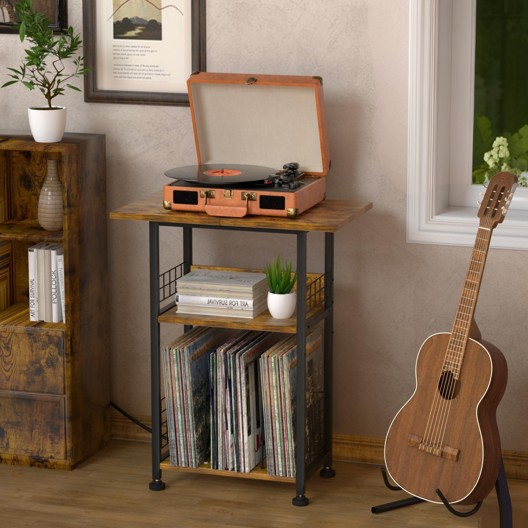 17 Stories 3-Tier Rustic Record Player Stand With Charging Station ...