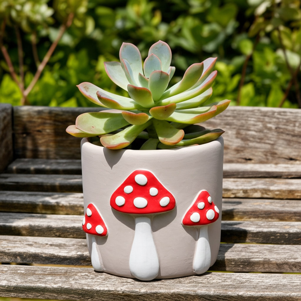 Gracie Oaks Cement Planter with Mushroom Accents - Decorative and ...