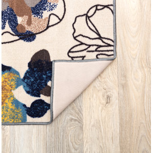 Ebern Designs Dichiera Floral Brown/Navy/Cream Non-Slip Rubberback Area ...