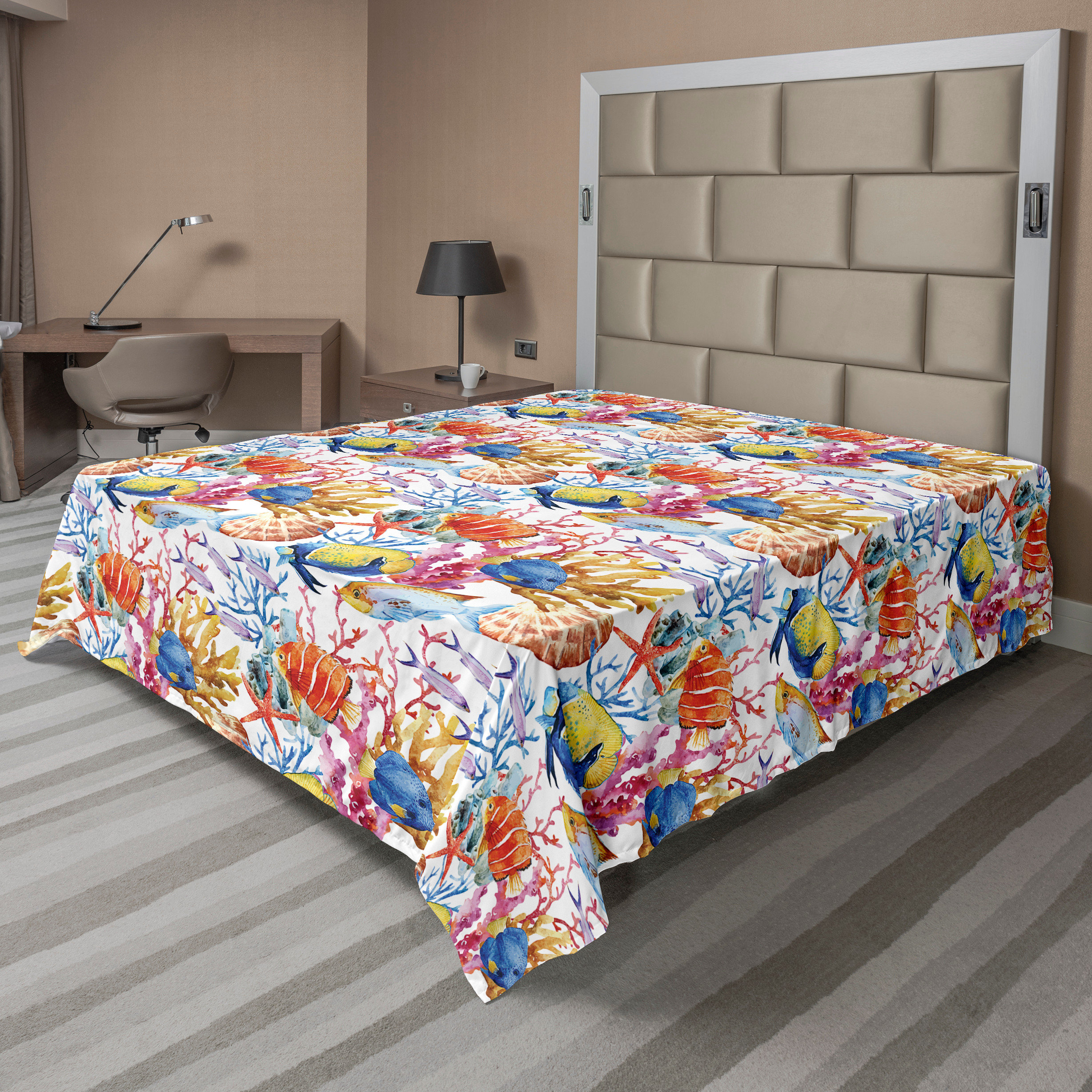 Ambesonne Fish Top Flat Sheet Coral Reef Scallop Shells Multicolor ...