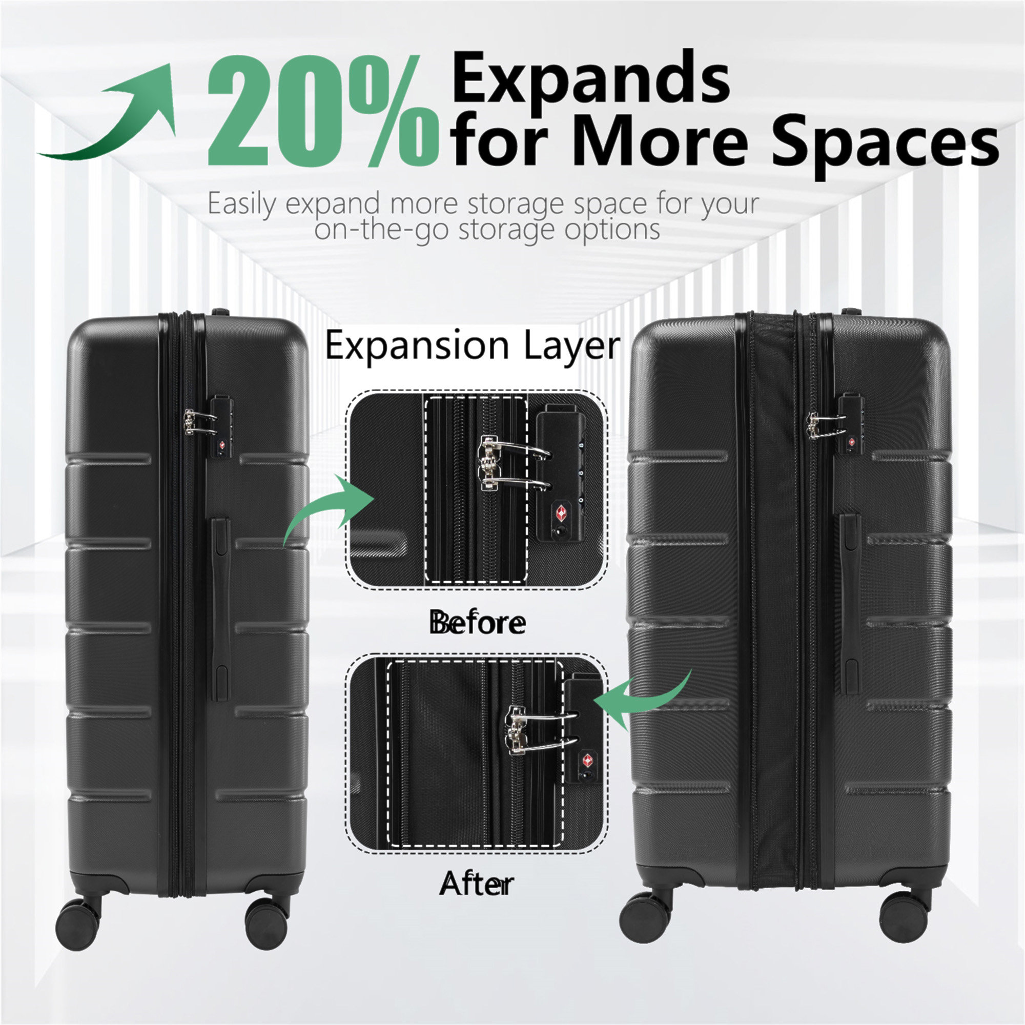 LOONGFIELD Hard Sided Expand Suitcase With Rotating Wheels, TSA Lock ...