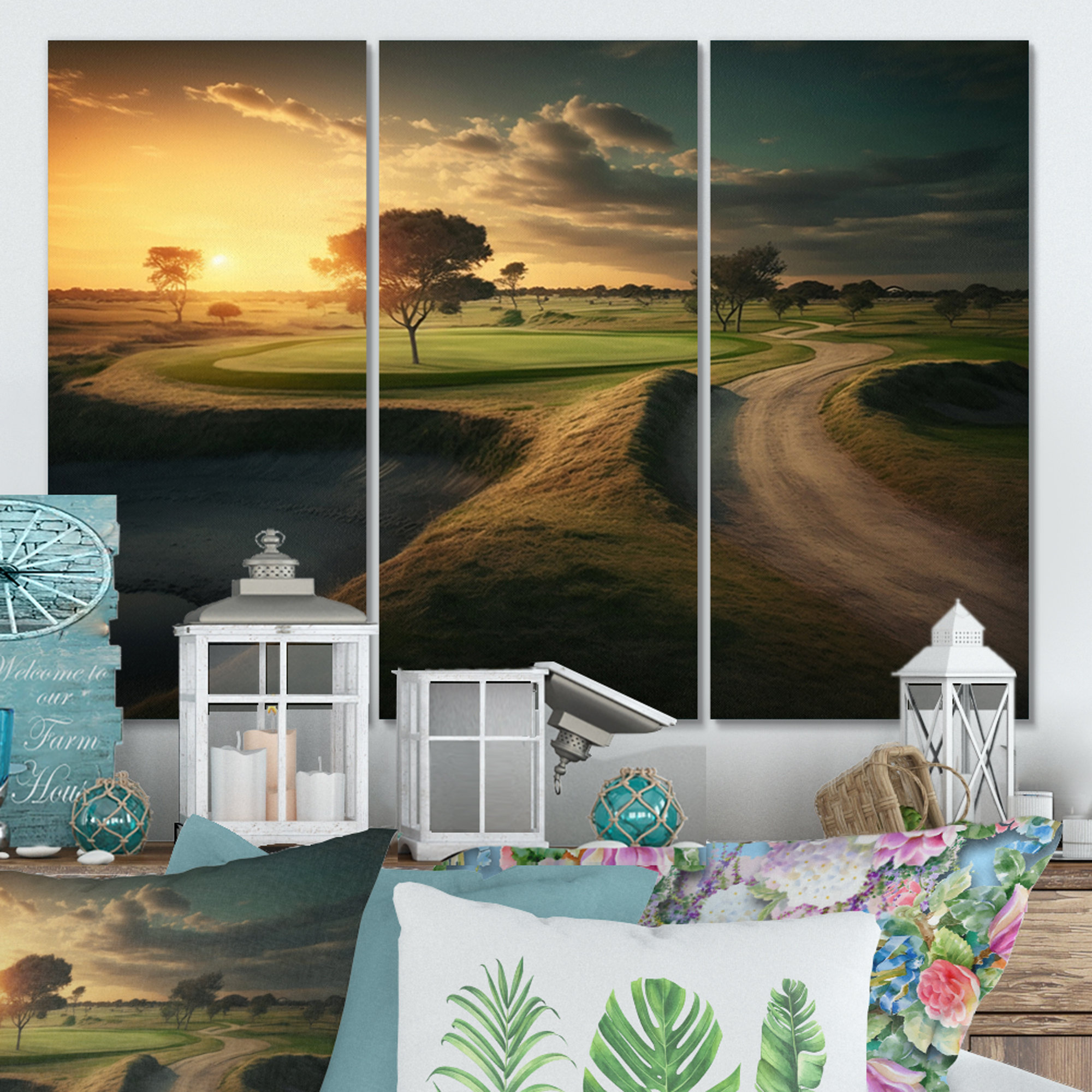 Design Art Golf Course At Sunset I - 3 Piece Print | Wayfair