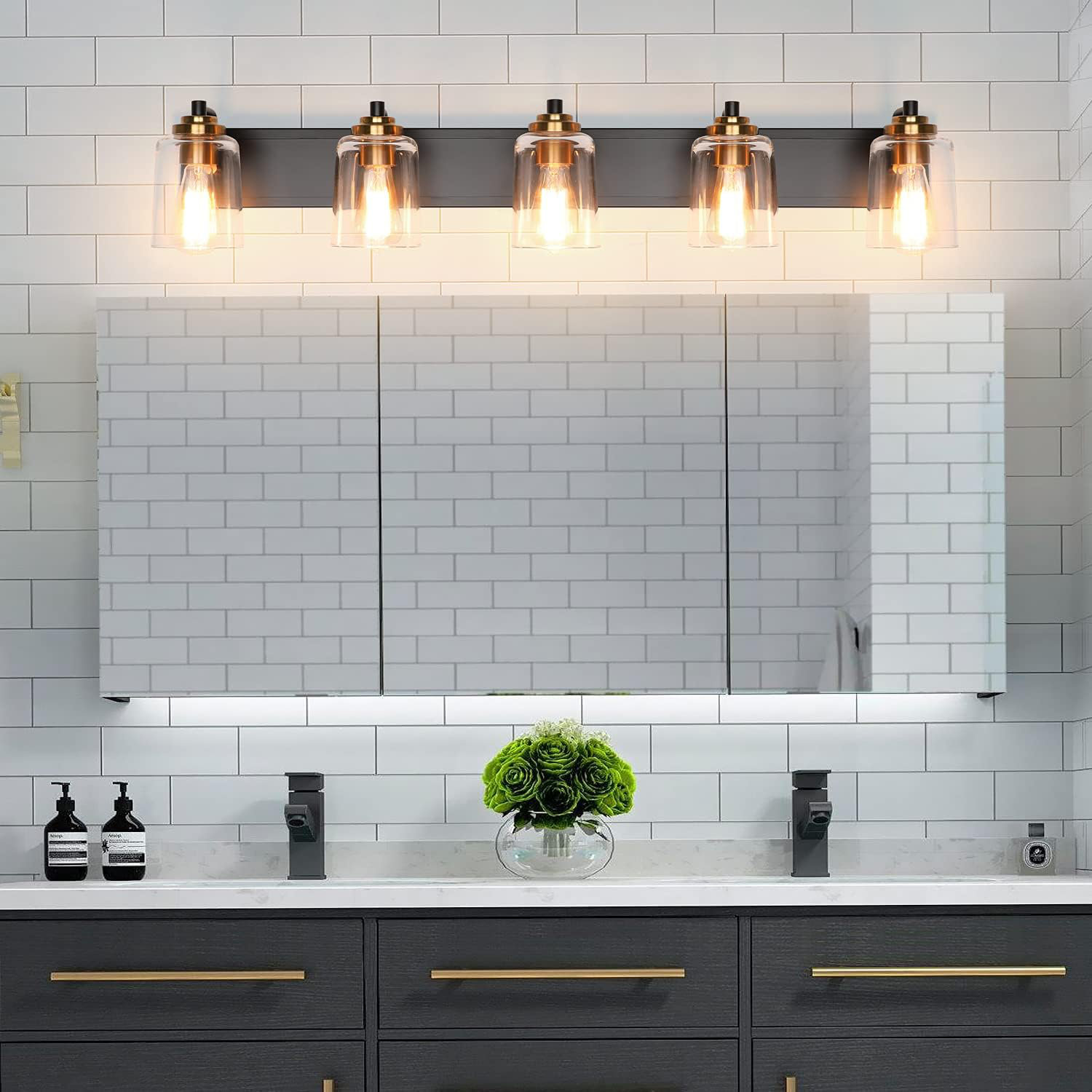 Hokku Designs Vintage Vanity Lighting With Thick Glass Globes - 5-Light ...