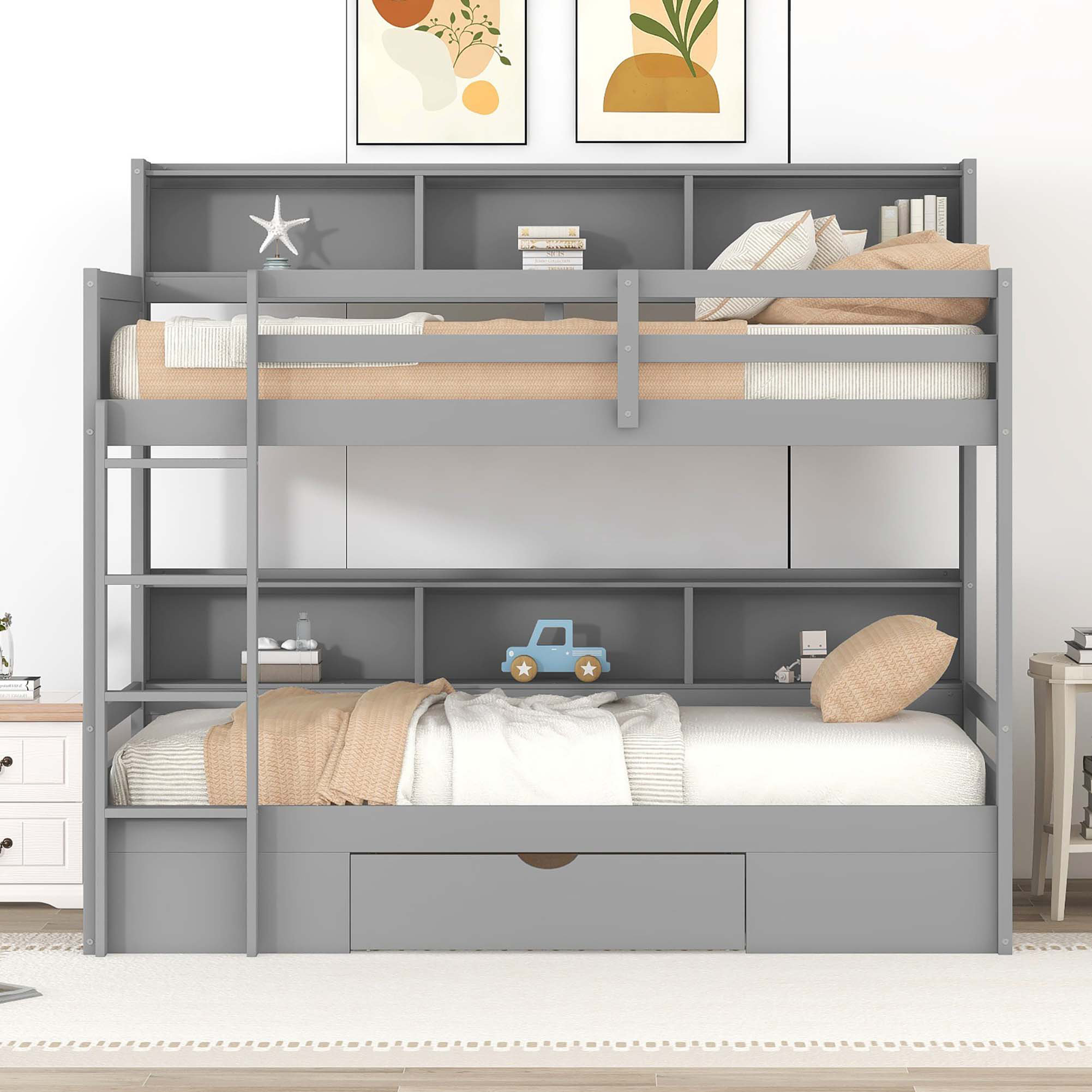 Foundry Select Bunk Bed With Built-In Shelves Beside Both Upper And ...