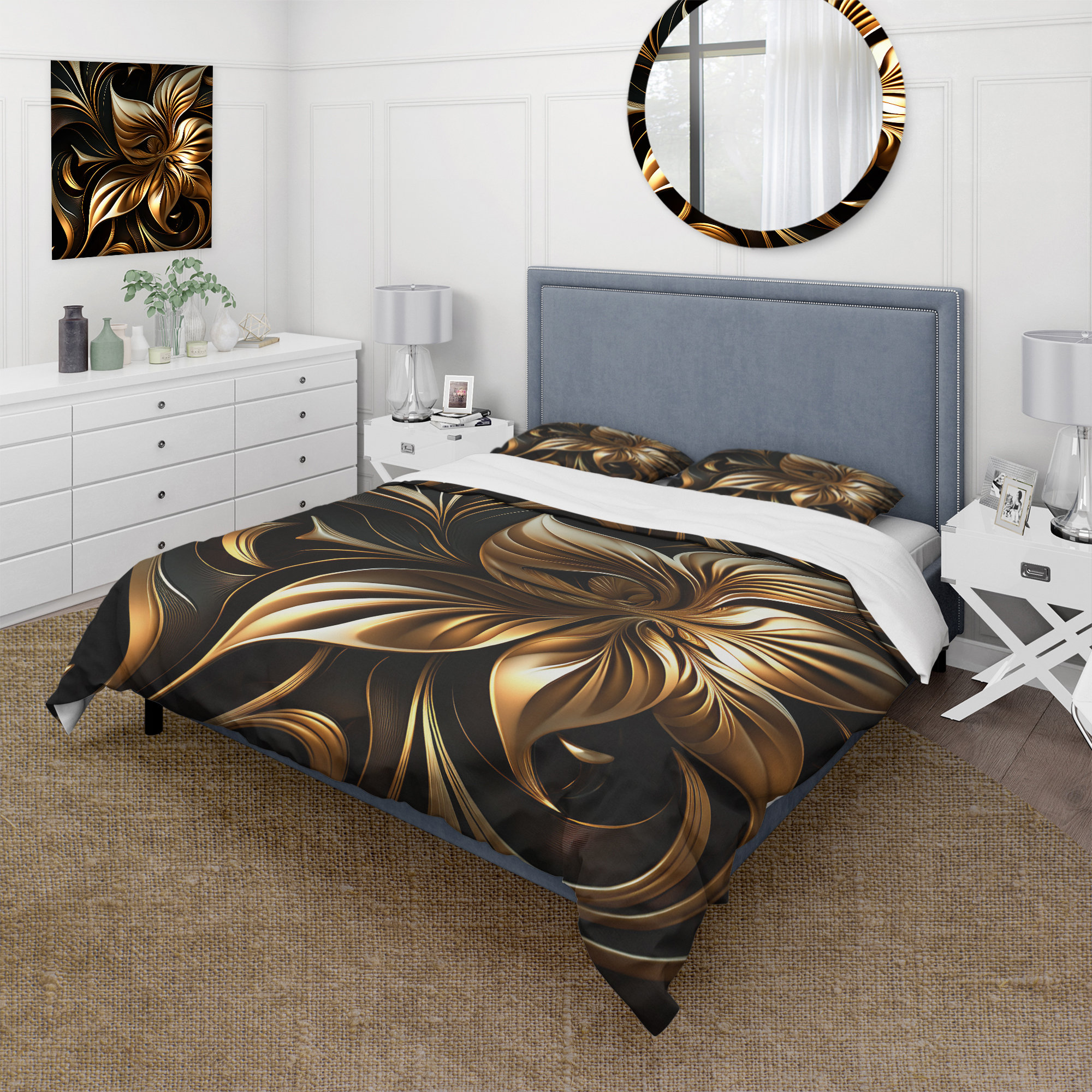 Design Art Golden Lily On Black I Microfiber / Polyester Duvet Cover ...