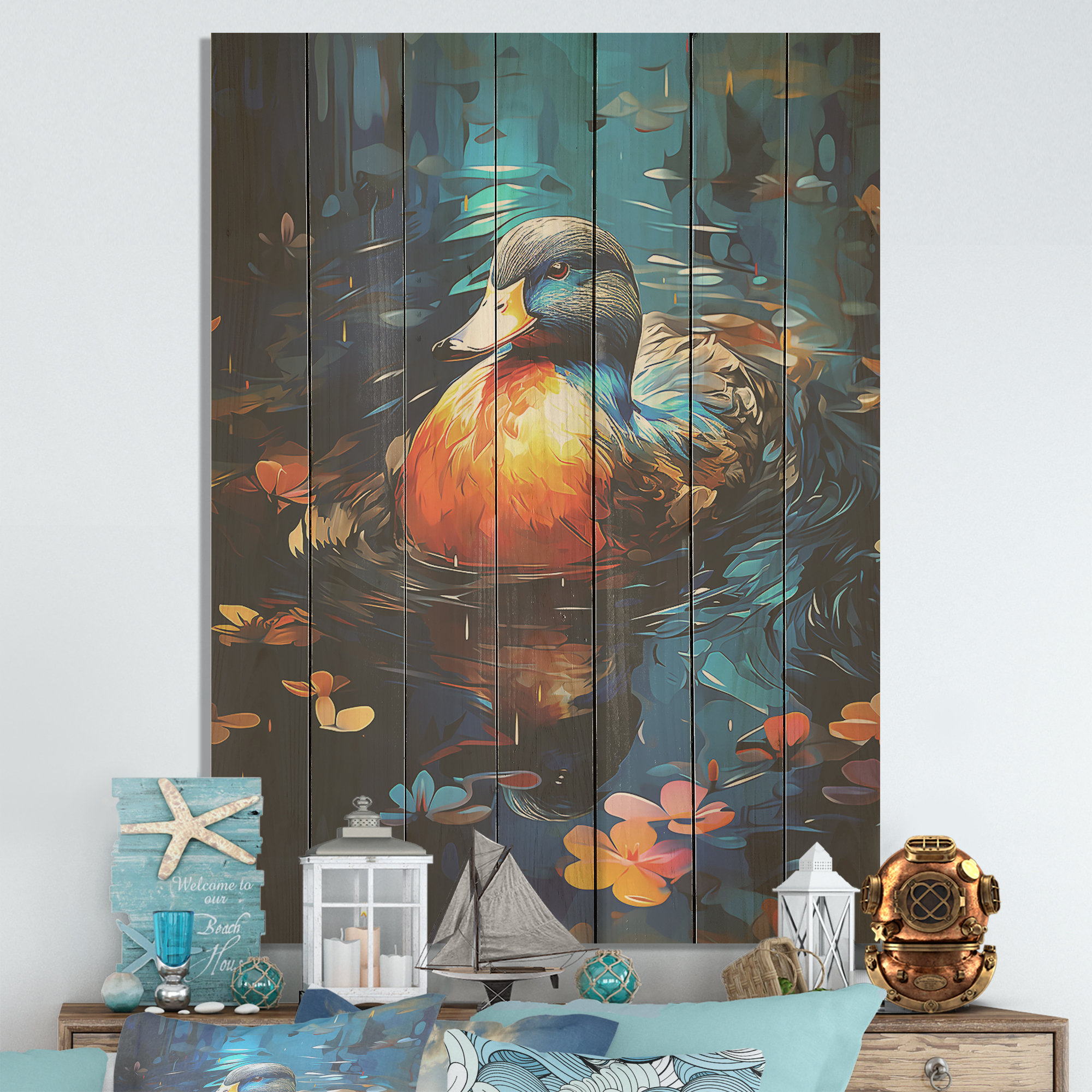 August Grove® Blue And Orange Duck Morning Quack Lake - Duck Animal On ...