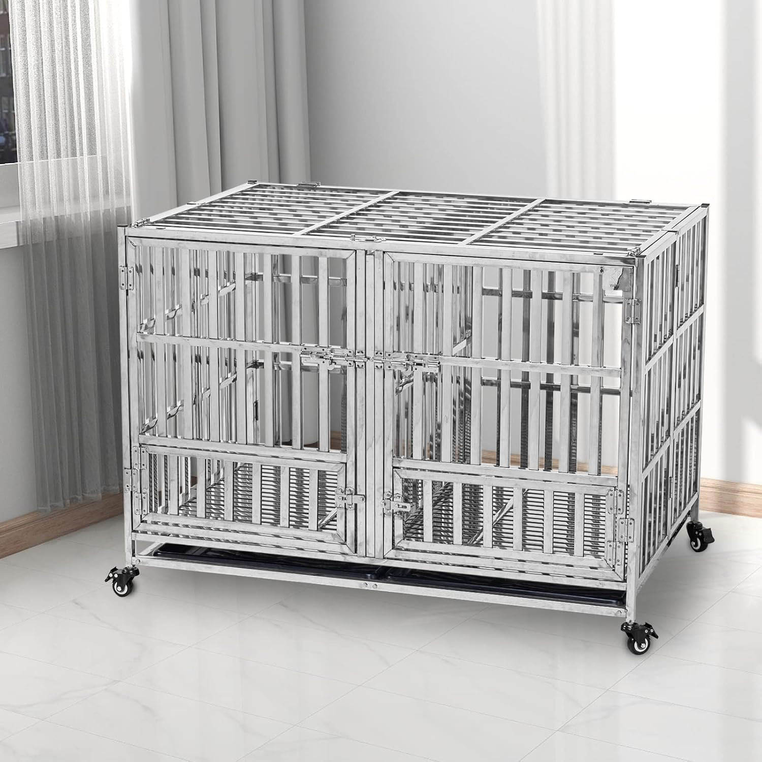 Archie & Oscar™ 48" Heavy Duty Dog Cage Foldable Stackable Stainless ...