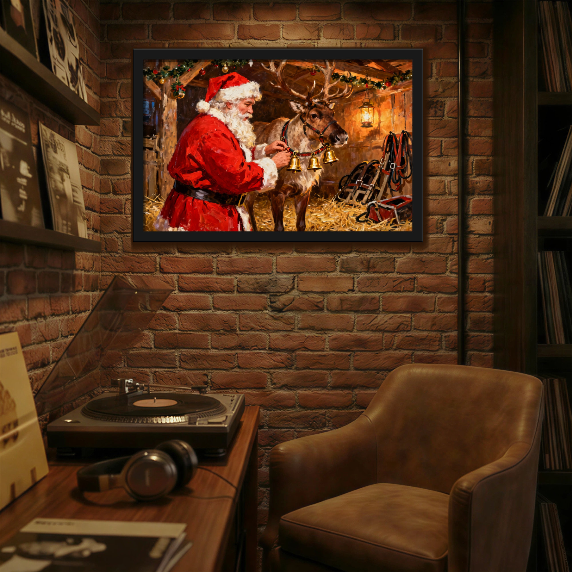 August Grove® Christmas Santa Claus With Reindeer In Barn | Wayfair
