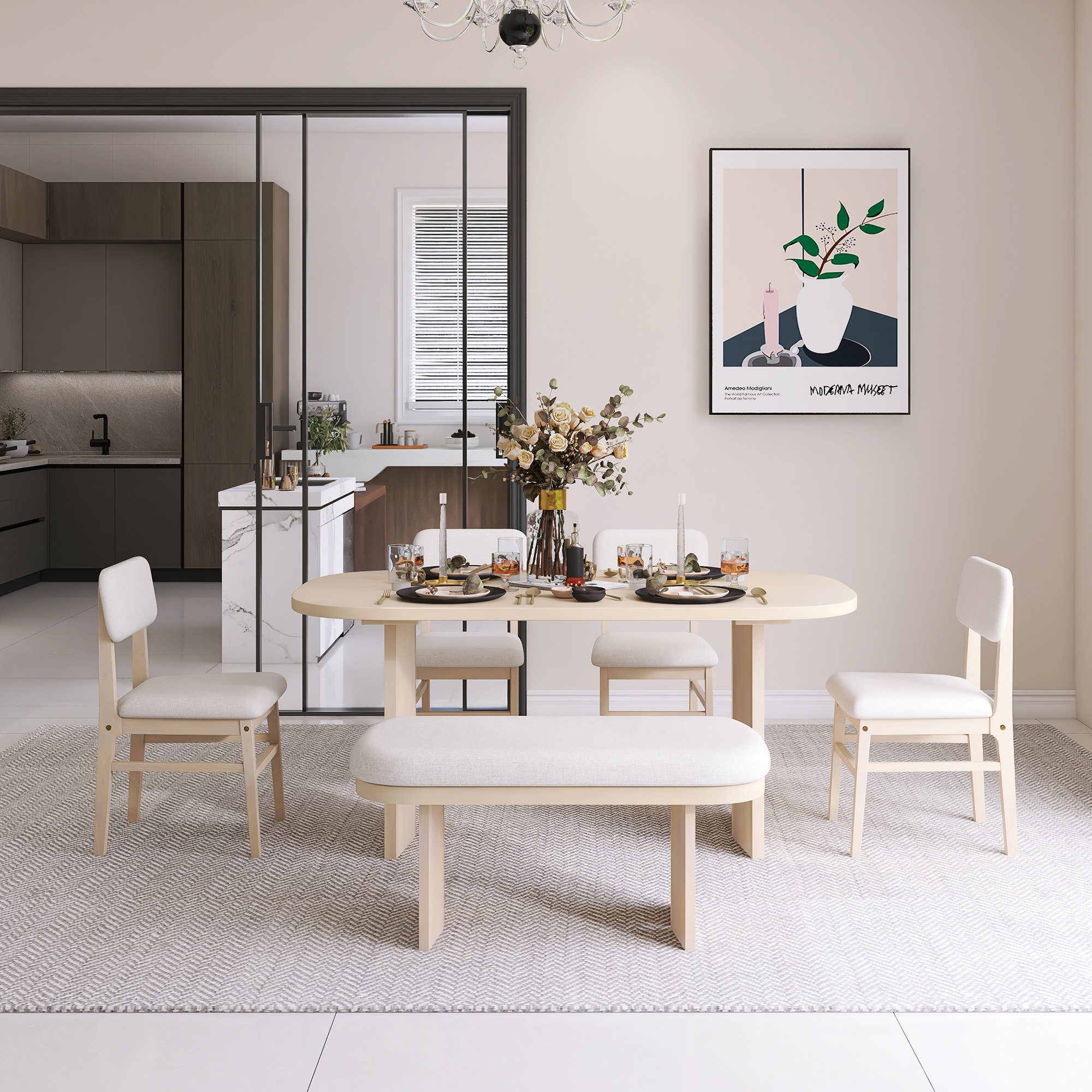Latitude Run® 65.25" Farmhouse 6-Piece Dining Table Set With Bench ...