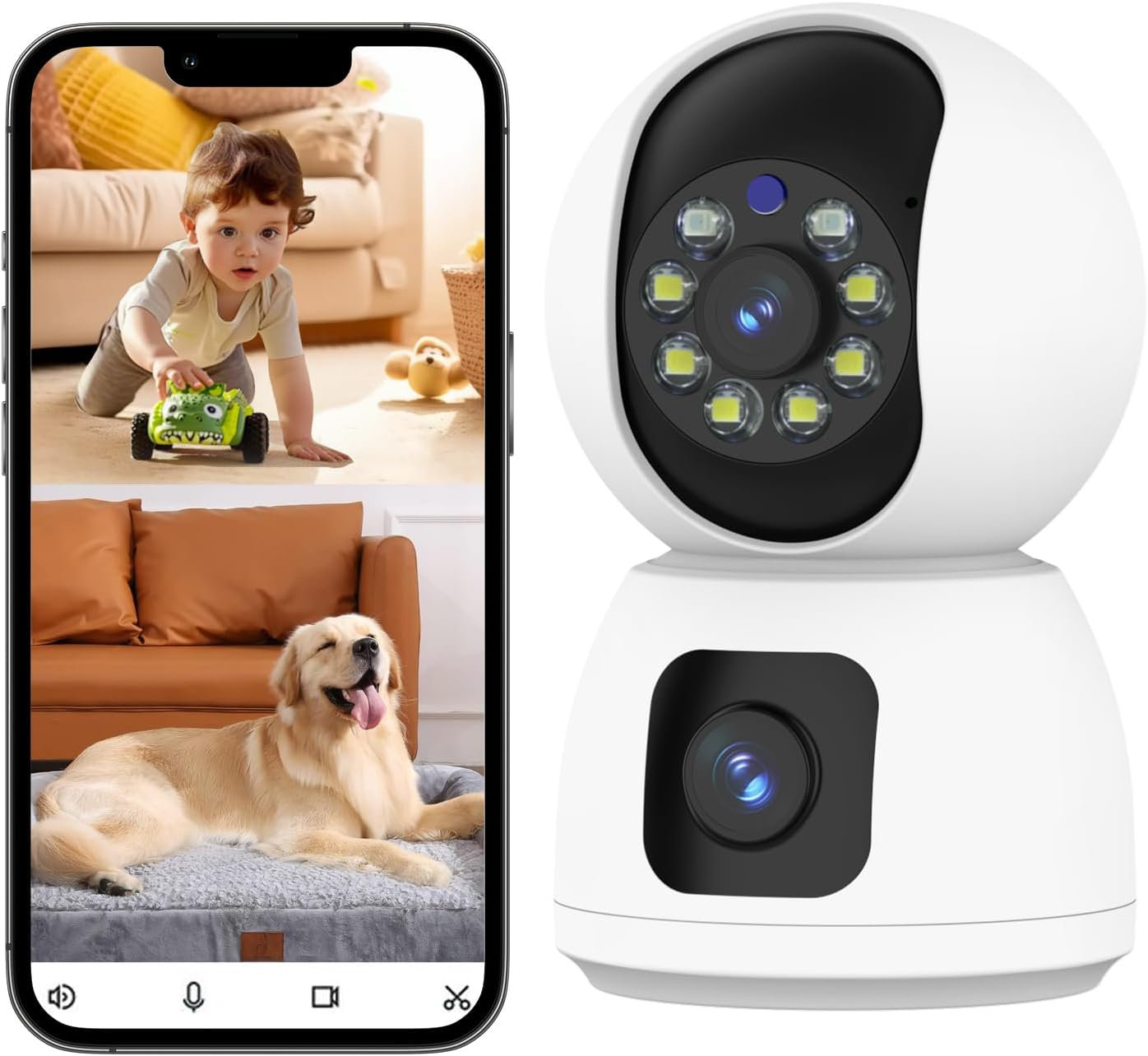 LinsCraft Indoor Security Camera Dual Lens, 2K Pan/Tilt Baby/Dog/Pet ...