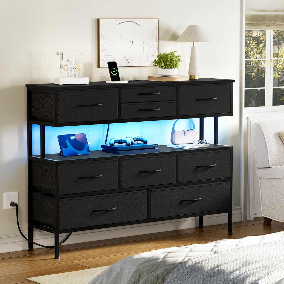 Ebern Designs Cheo 9 - Drawer Dresser With Power Outlet & LED,55” TV ...