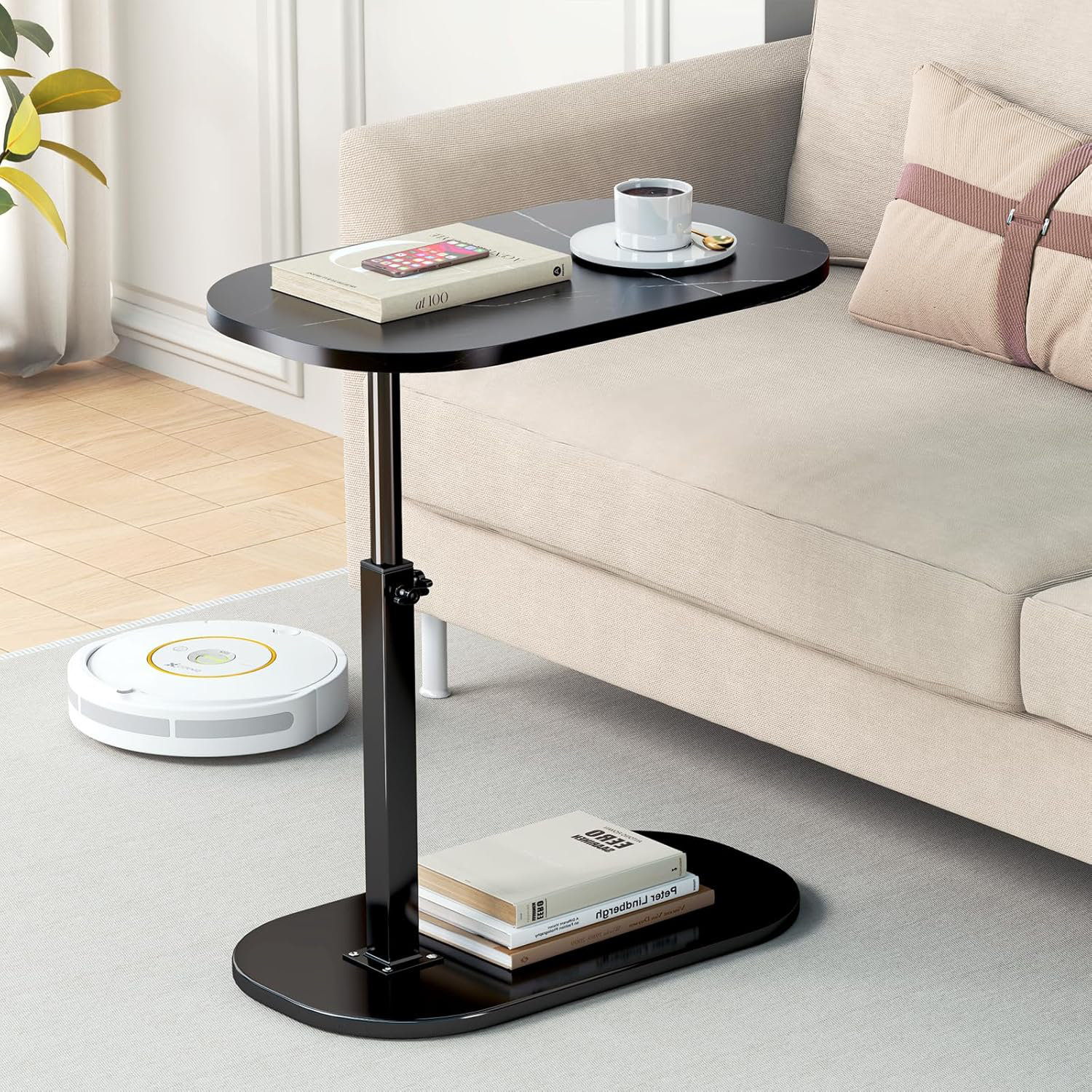 17 Stories Adjustable Height C Shaped End Table, 360°Swivel,Black | Wayfair