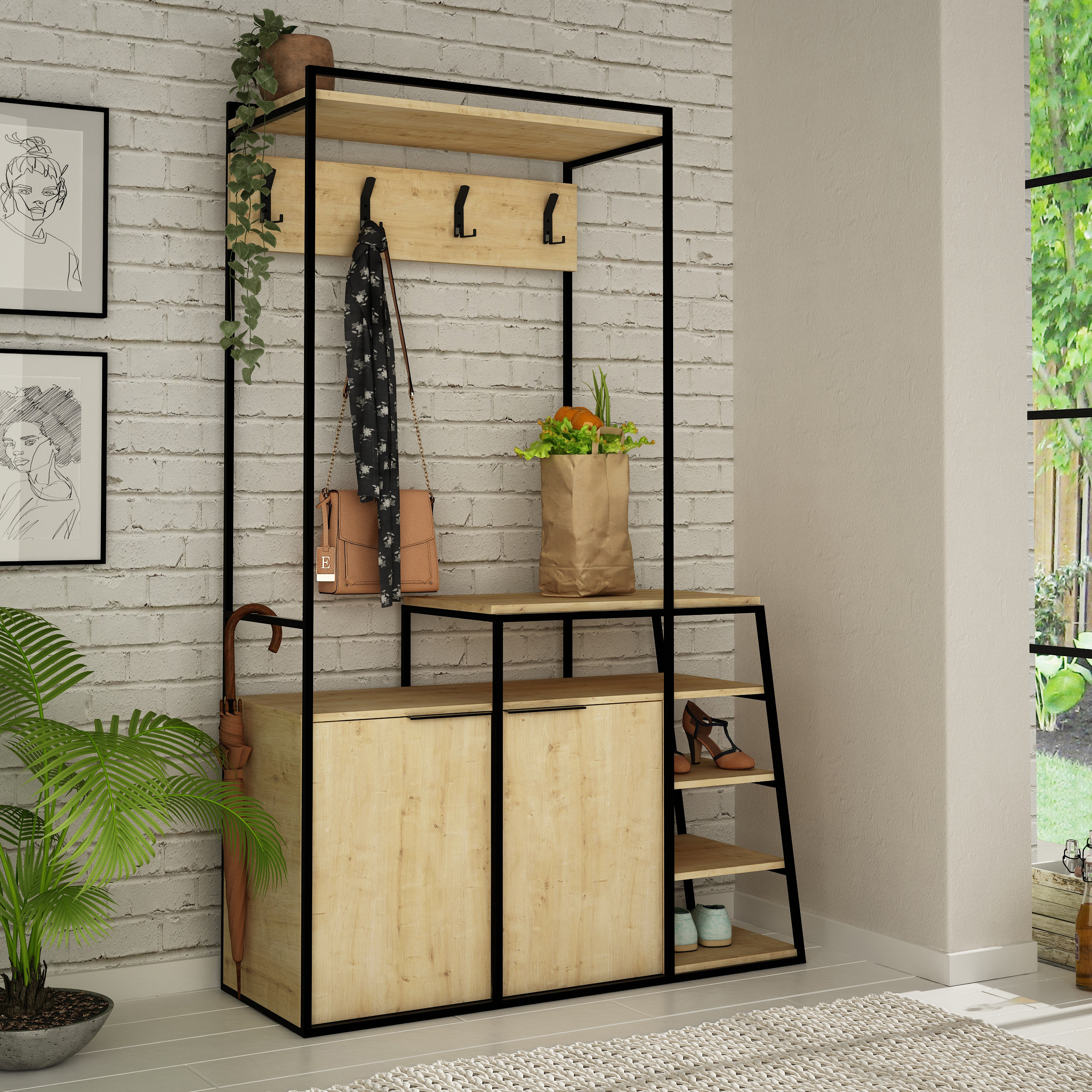 East Urban Home Modern Hall Tree with Shoe Storage - Hall Stand ...