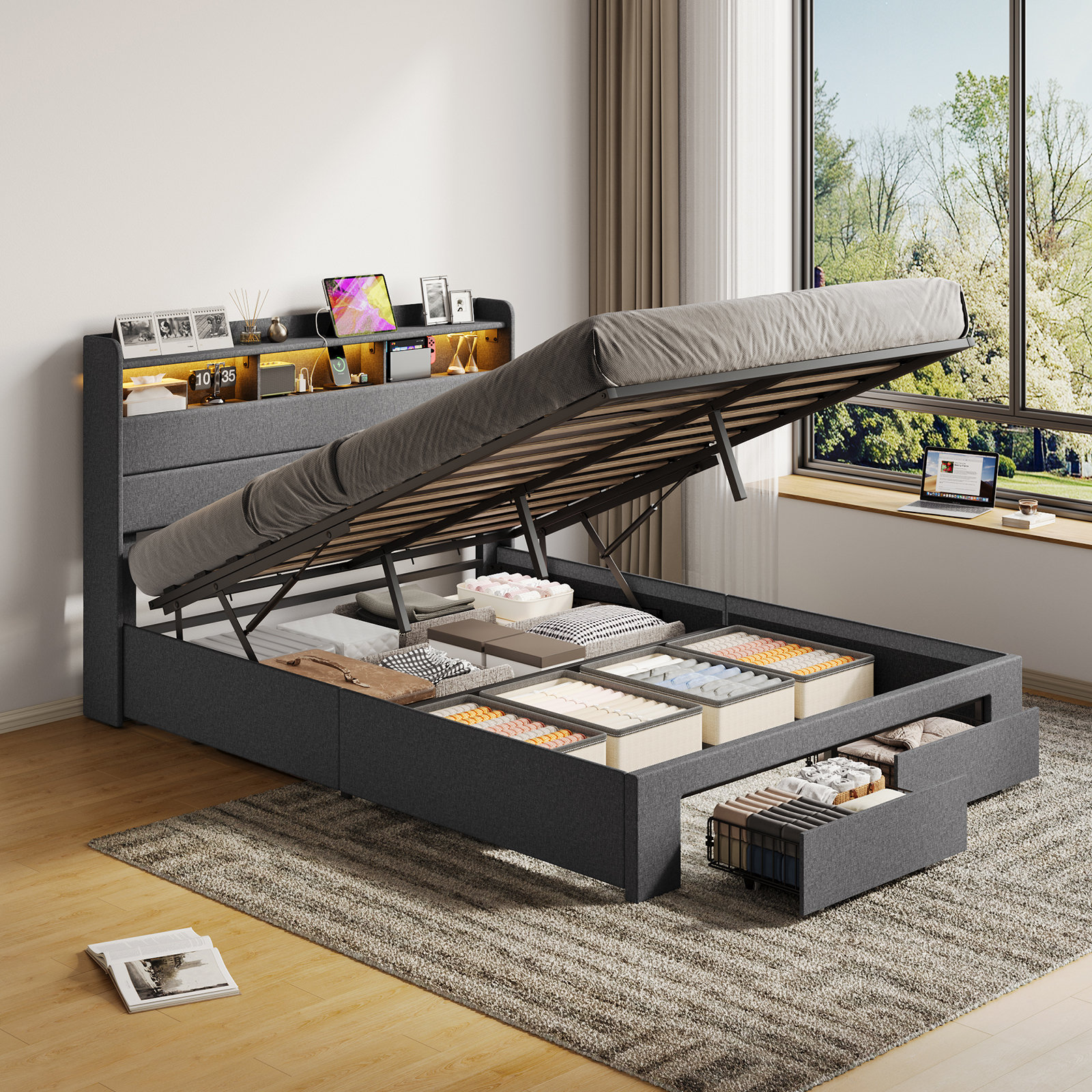 Wrought Studio™ Lift Up Storage Bed With Charging Station, RGB Lighted ...