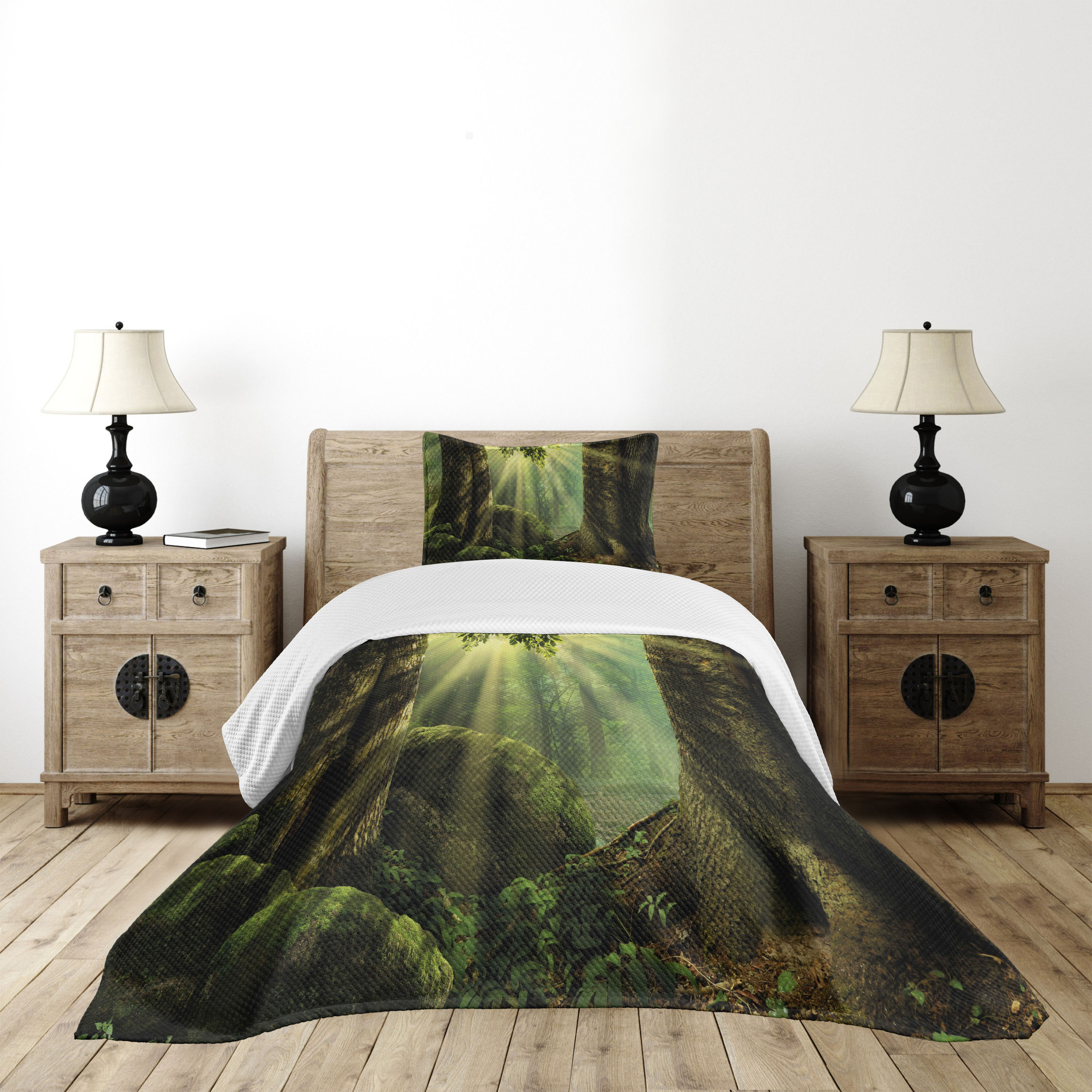 Ambesonne Forest Bedspread Set Sunbeam Moss Tree Bodies Olive and Army ...