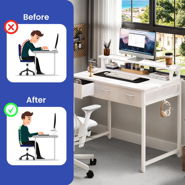 Ebern Designs 3-Drawers Computer Desk with Elevated Monitor Platform ...