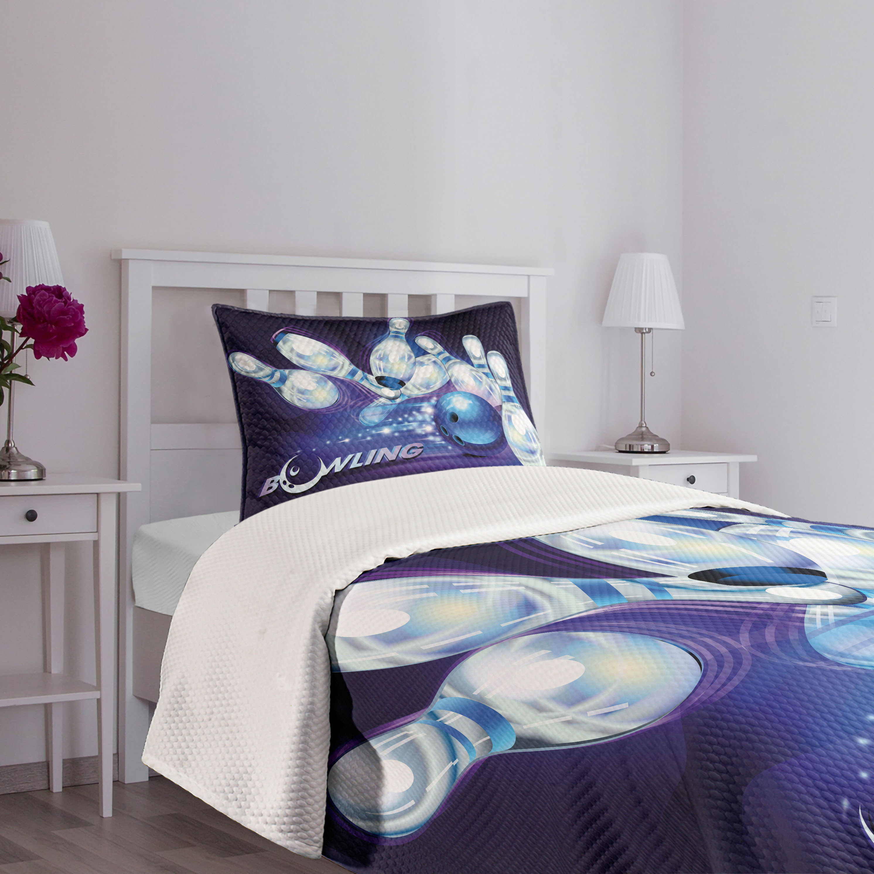 Ambesonne Bowling Party Bedspread Set Fantasy Ball Moon Indigo White ...