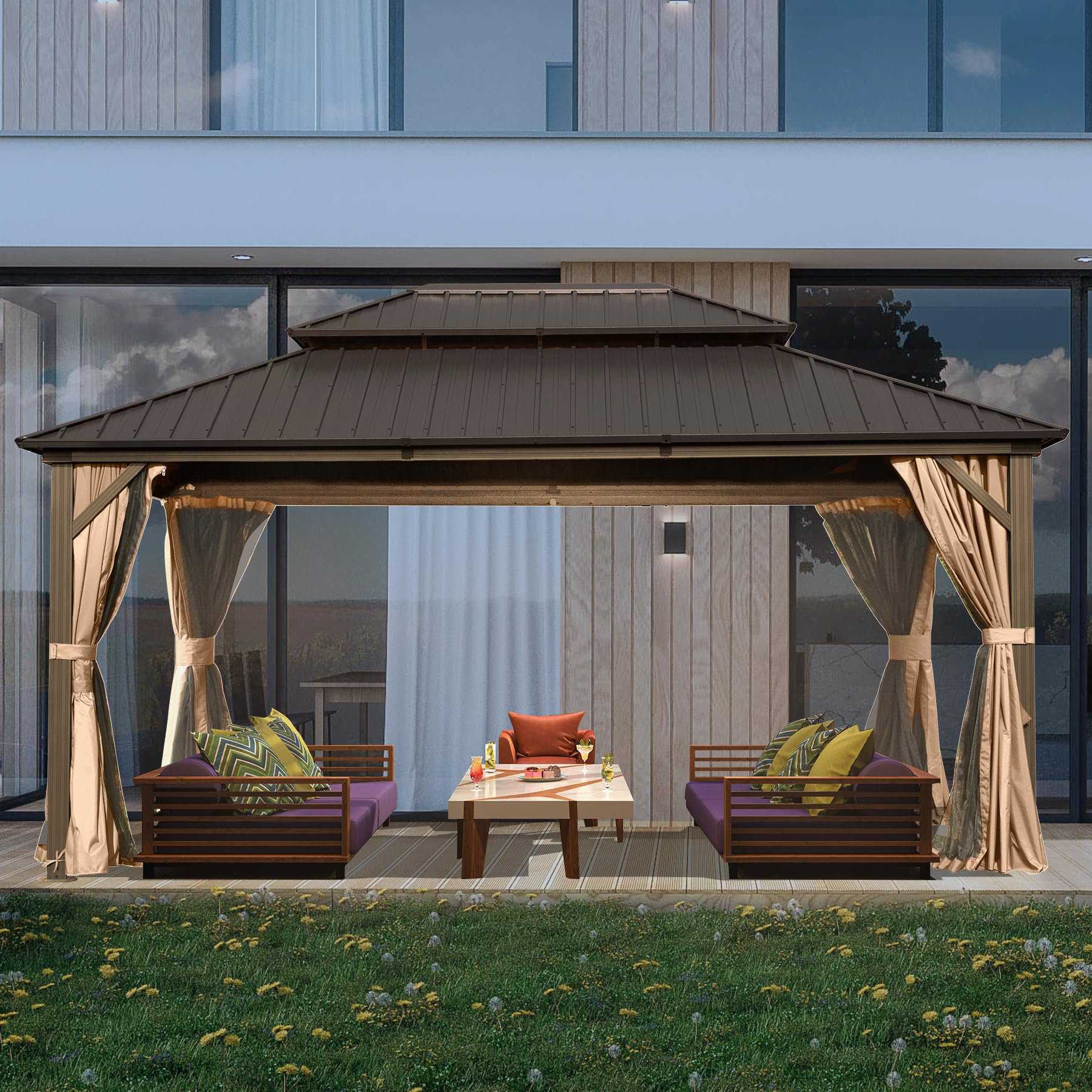 domi outdoor living Galvanized Steel Patio Gazebo with Overhang Slope ...