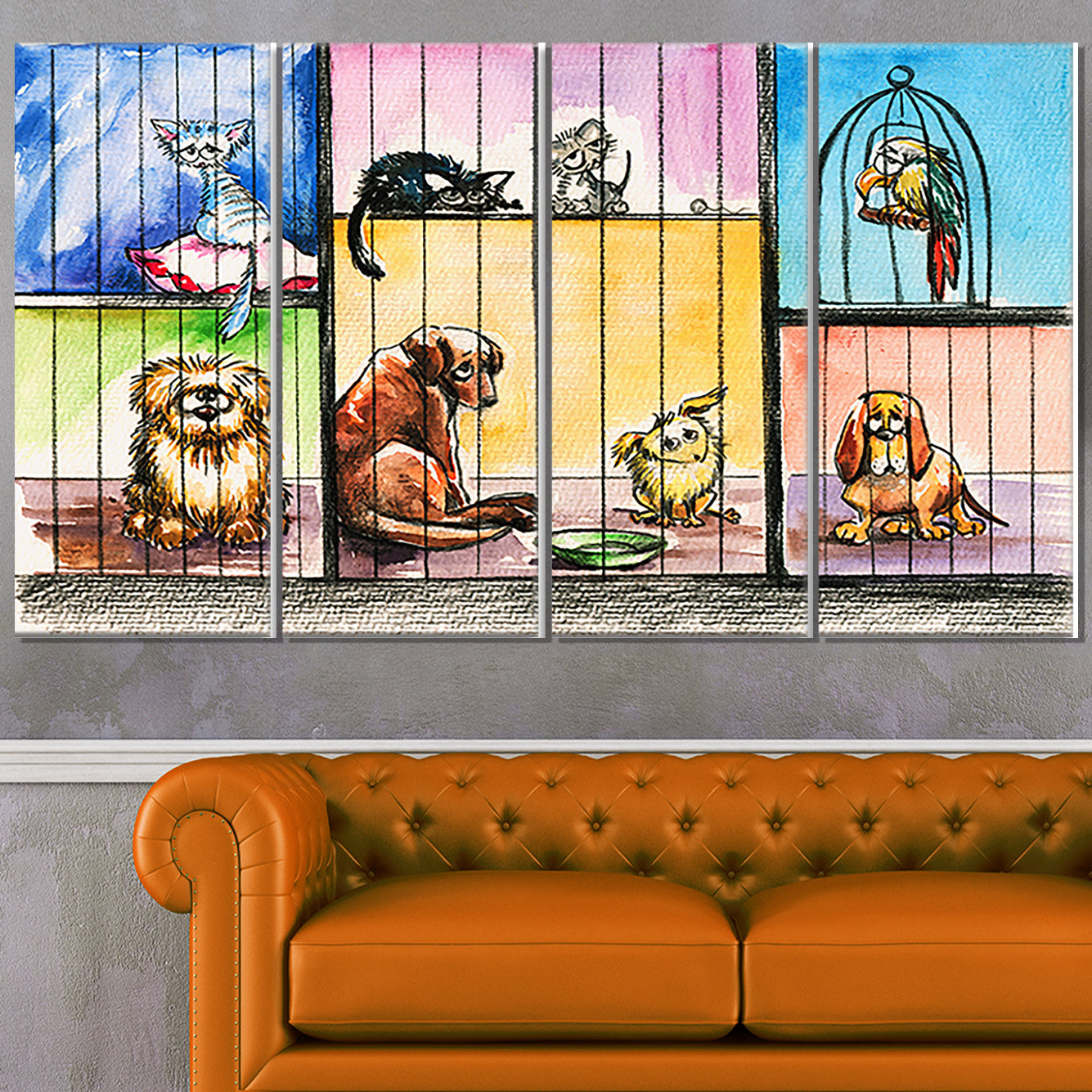 Design Art 'Sad Animals in the Pound' 4 Piece Painting Print on Wrapped ...