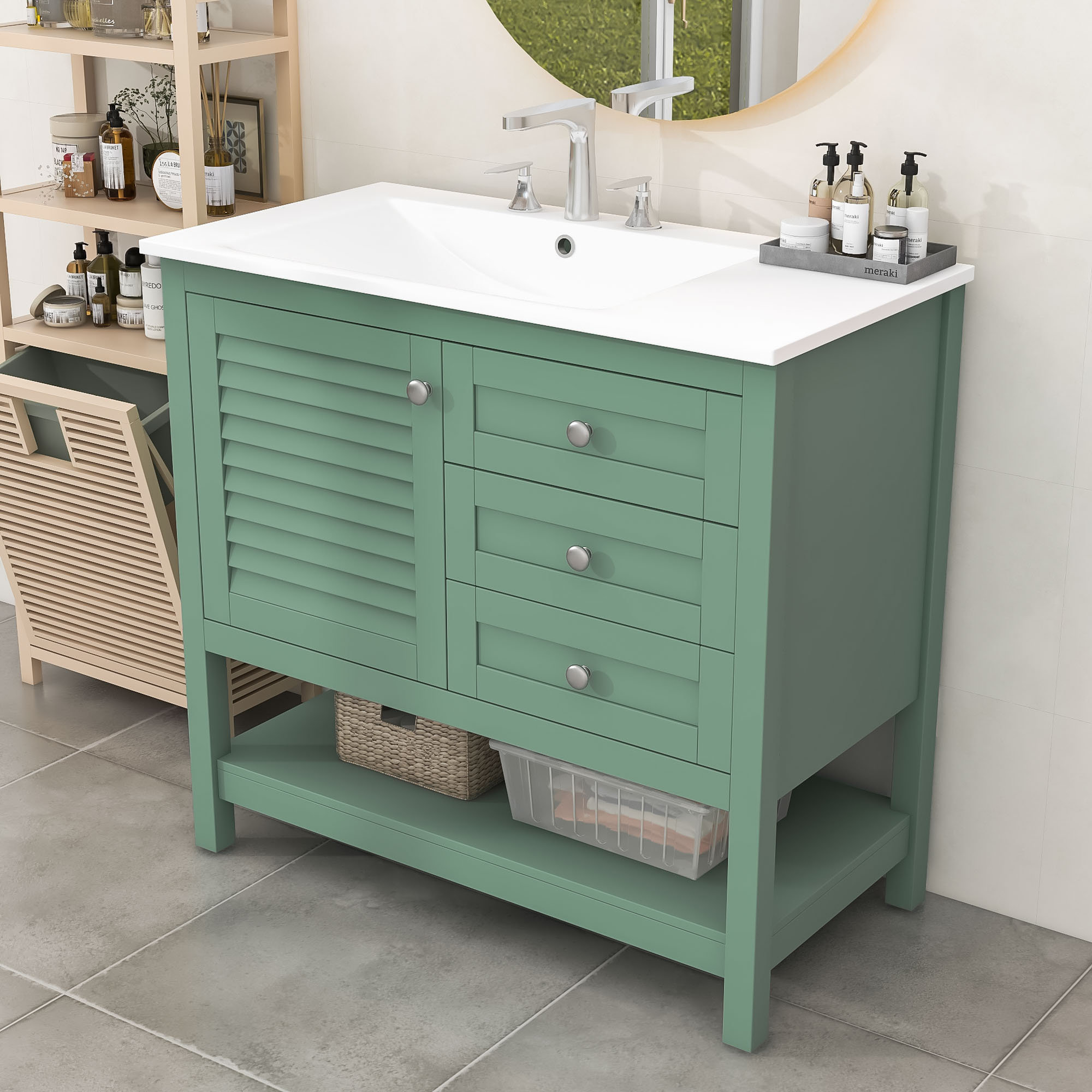Ebern Designs Elegant Bathroom Vanity with Resin Sink and Wood Feet ...