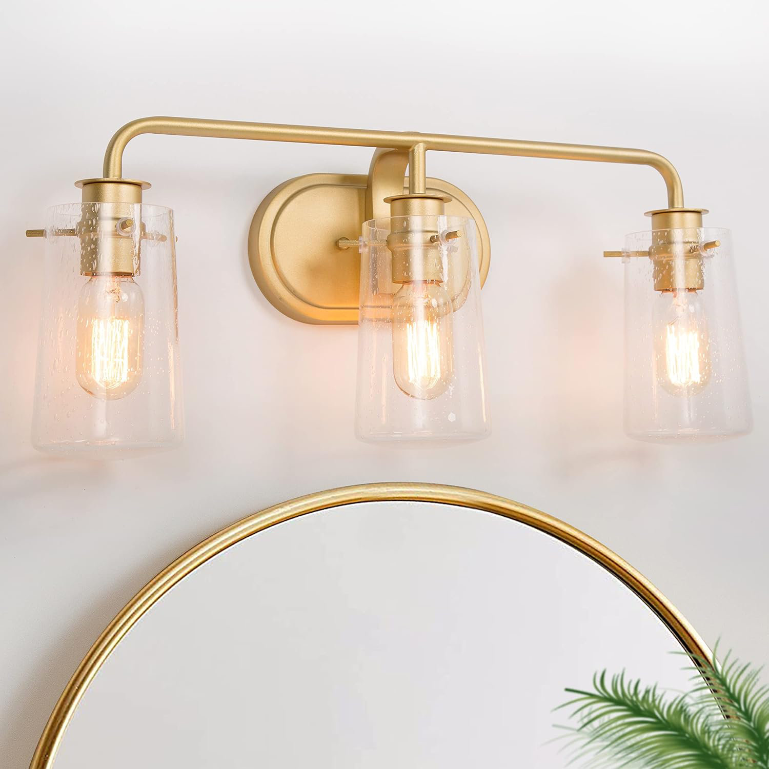 Everly Quinn Gold Bathroom Vanity Light, 3 Seeded Glass Shades, 22.5 ...