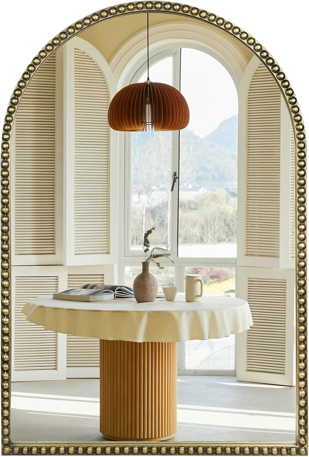 Fleur De Lis Living Arched Wall Mirror ,Antique Gold Metal Beaded Frame ...
